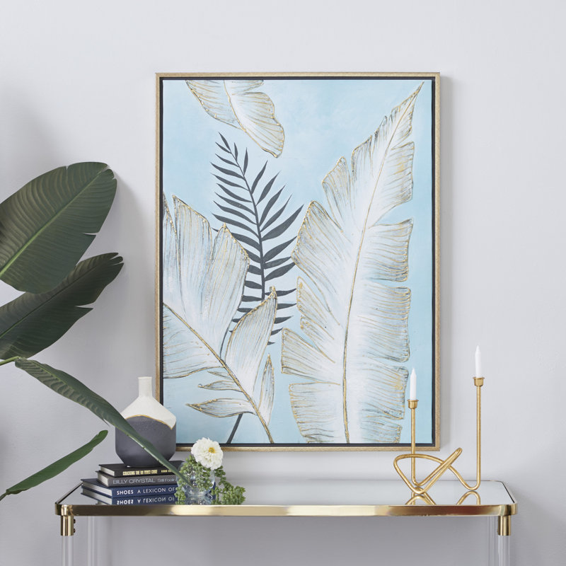 Bay Isle Home™ Canvas Tropical Leaf Blue Framed Wall Art with Gold ...
