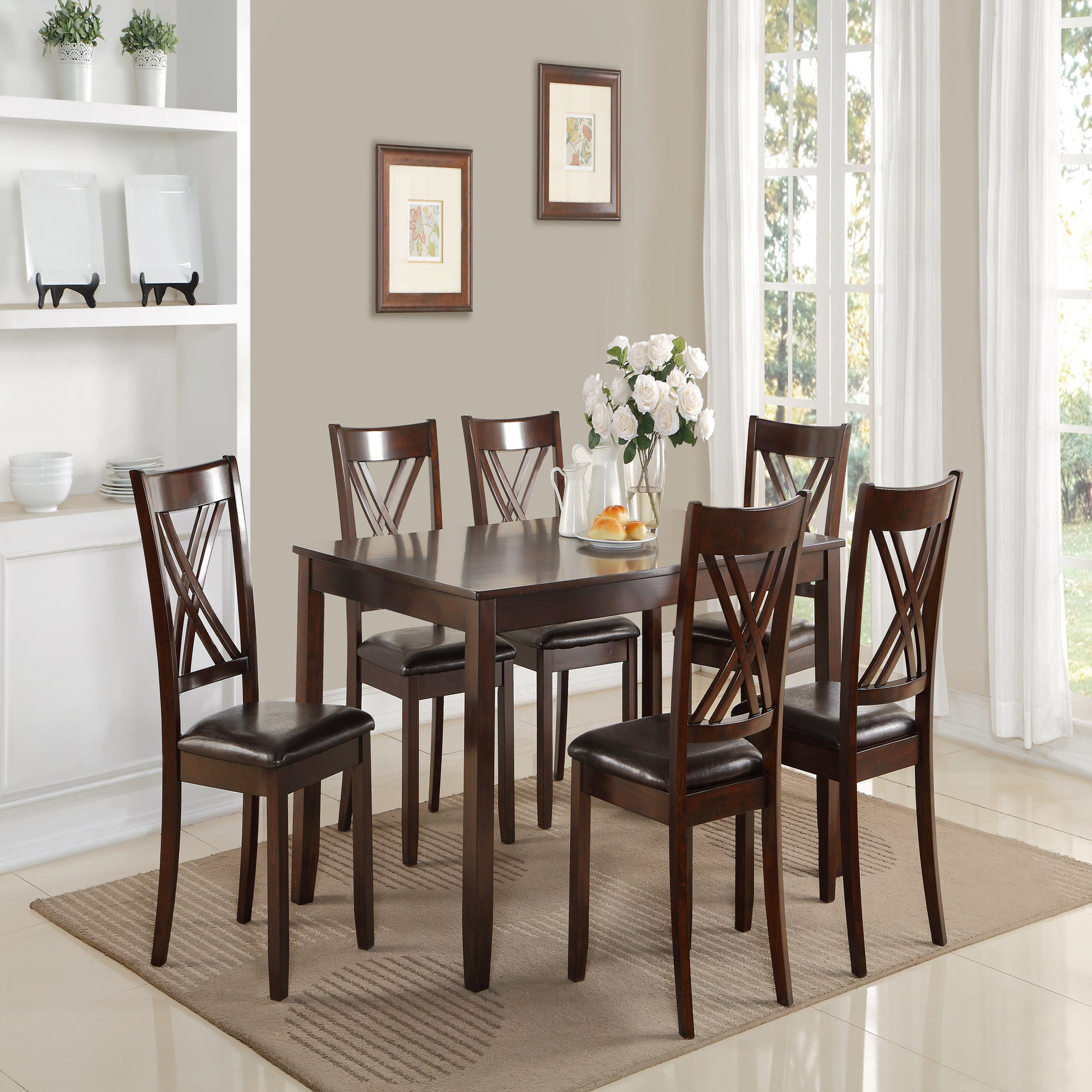 Gracie Oaks 7-Pc Dinette Set Brown Espresso Finish Rectangular Table PU Upholstered Chairs ...