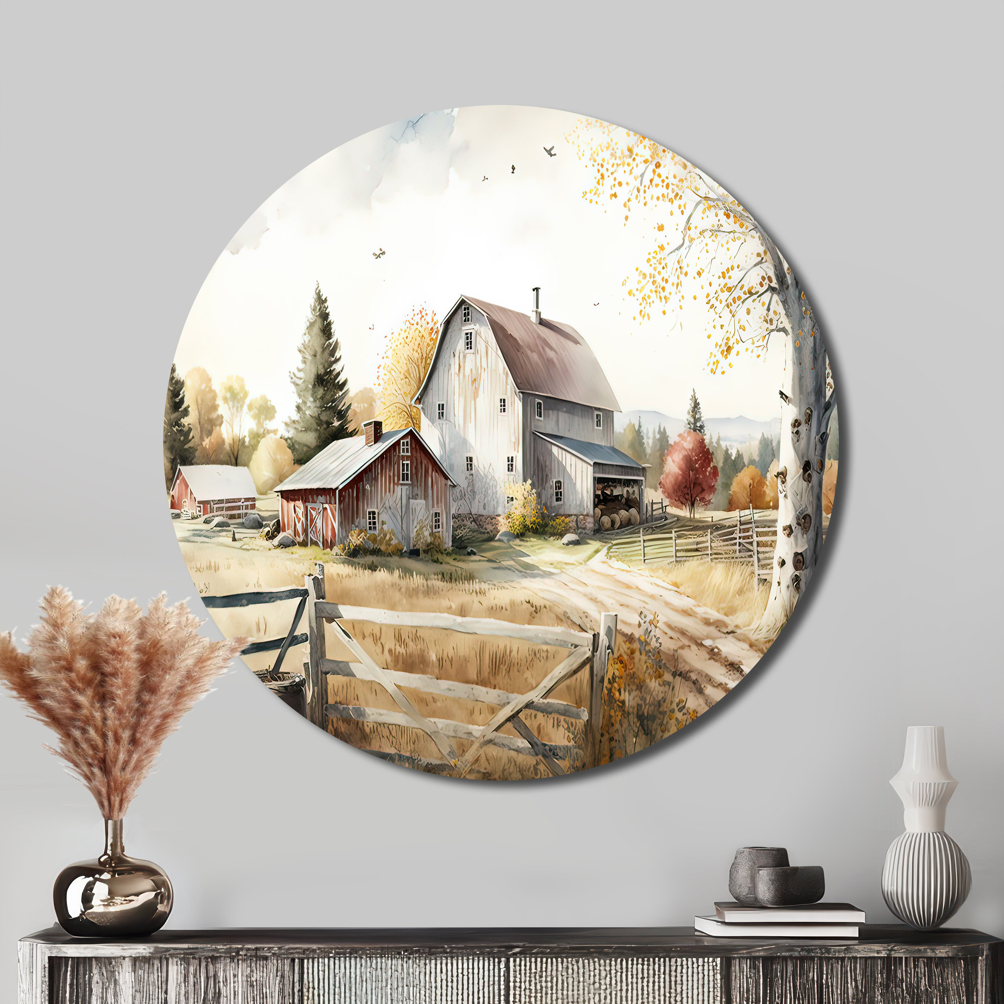 August Grove® Beautiful Barn In Spring II - Farm Round Metal Art | Wayfair