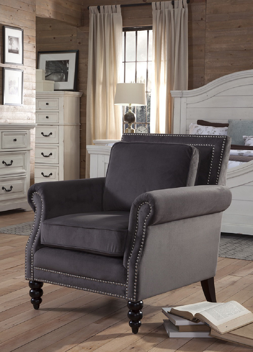 House of Hampton® Blair Upholstered Velvet Rolled Arm Chair with Nail ...