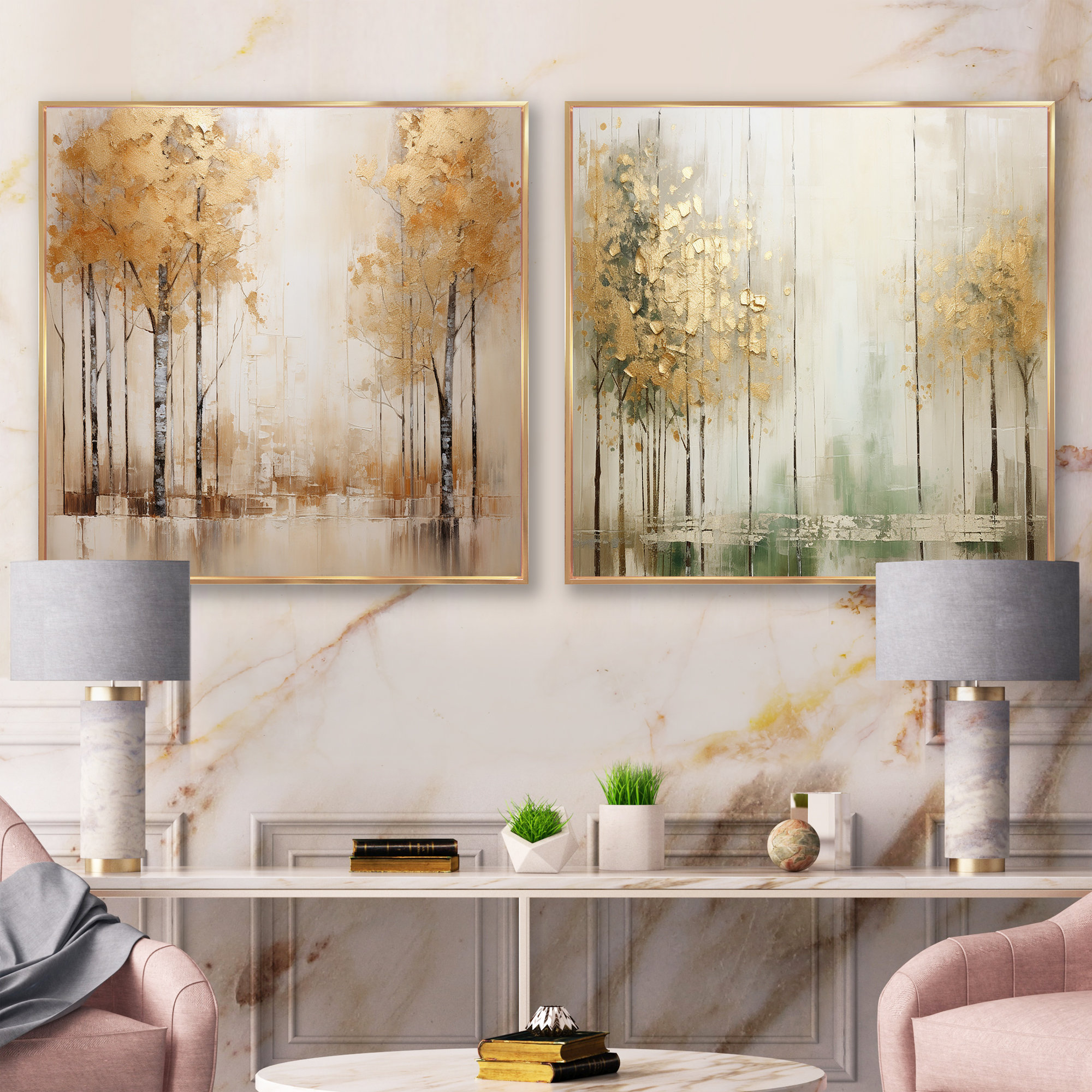 House of Hampton® Minimalism Beige And Gold Forest - Forest Square ...