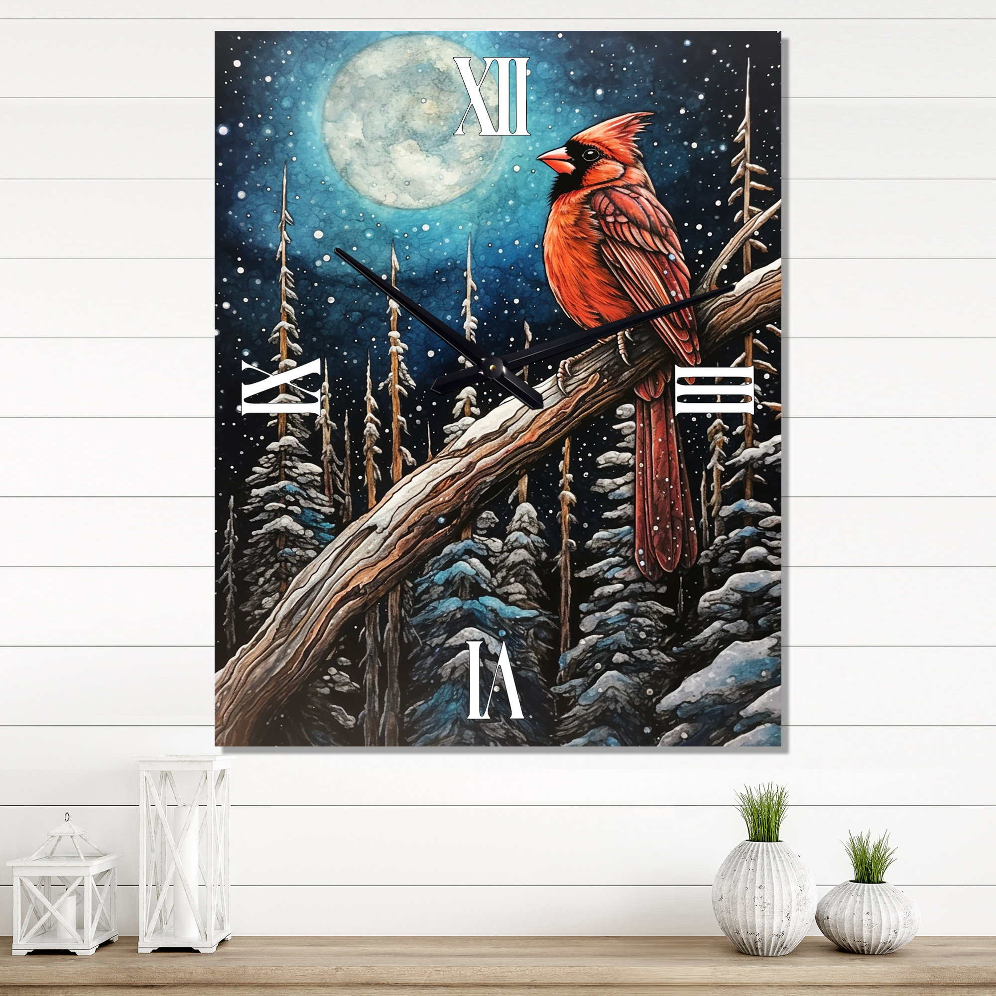 Design Art Red Cardinal Bird Under Full Moon I - Animals Bird Wall ...
