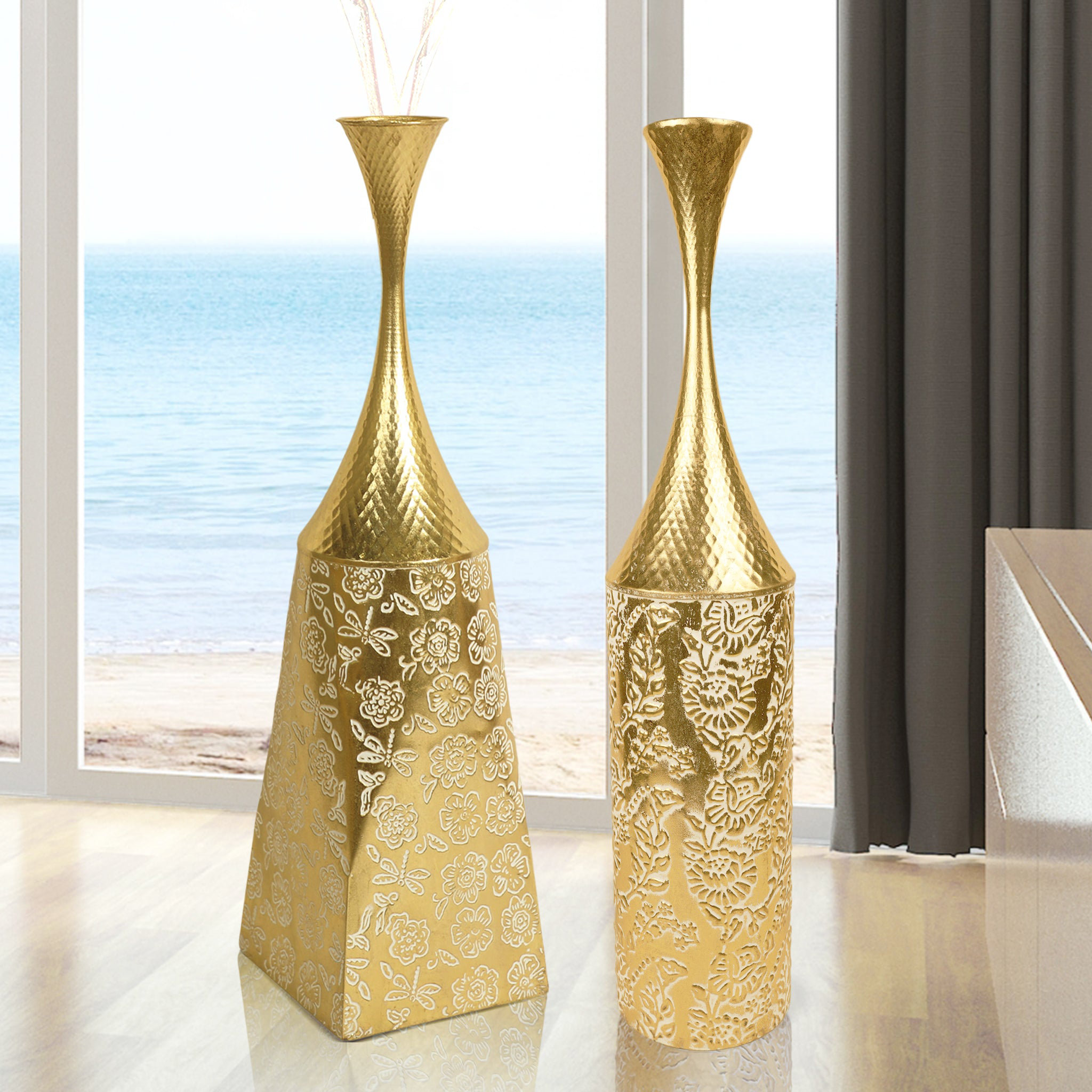 Everly Quinn Amritha 2 Piece Tall Floor Vase Set, Large Gold Metal ...