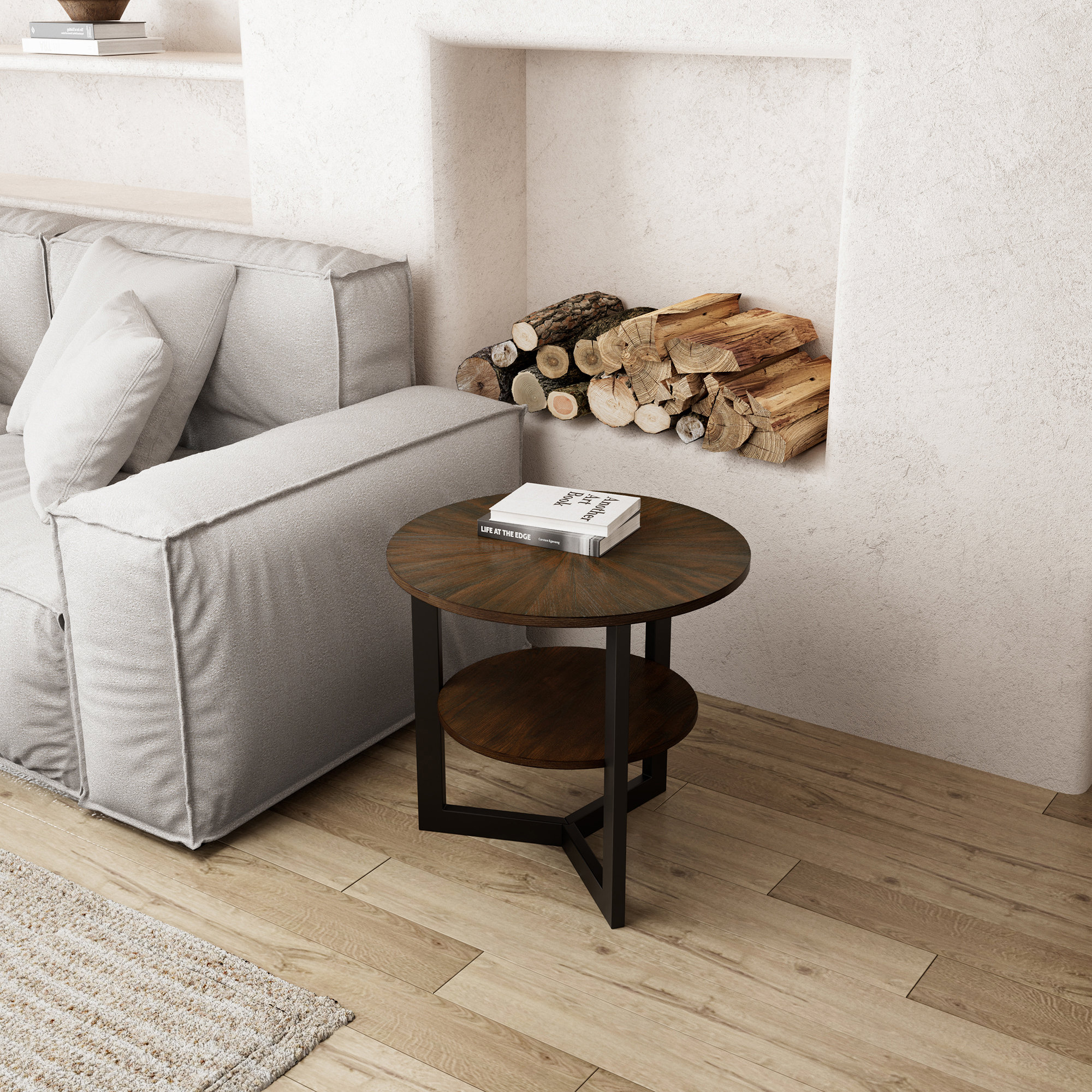 Union Rustic Table de bout ronde à 2 niveaux avec rangement Aeyden ...