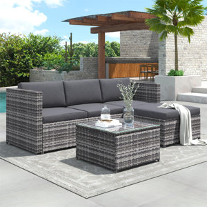 Ebern Designs Rattan Garden Sofa Set With Glass Top Coffee Table ...