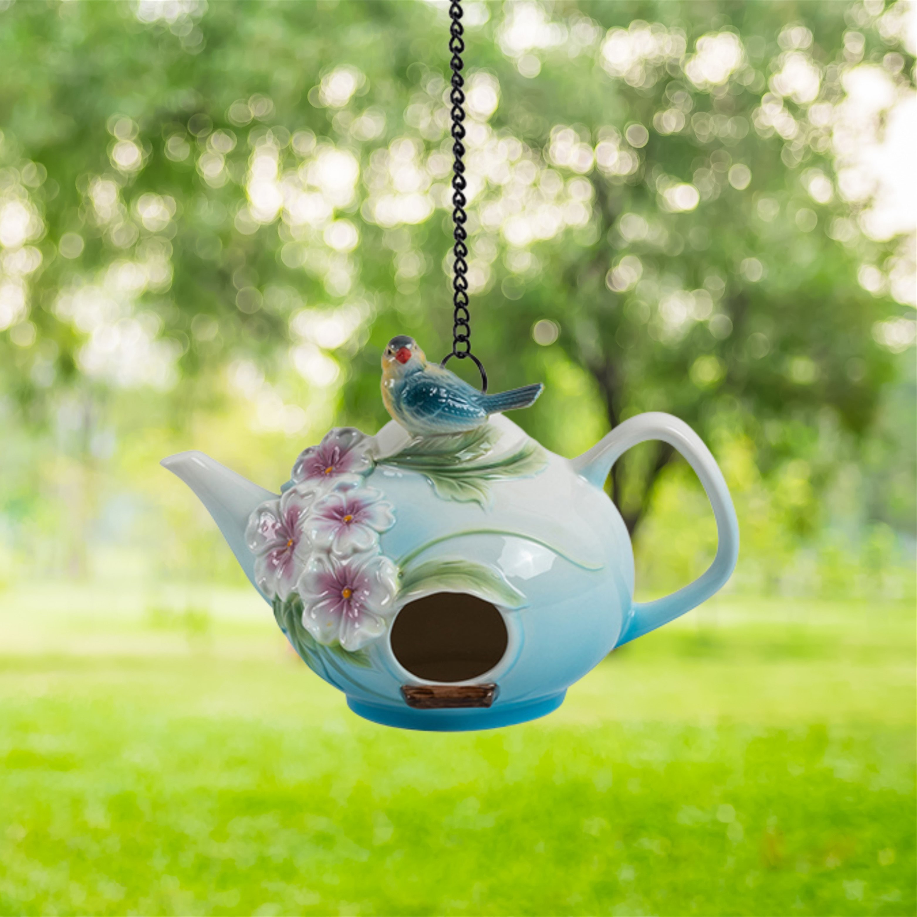 Arlmont & Co. Hanging Porcelain Teapot Birdhouse with Bluebird "Blair ...