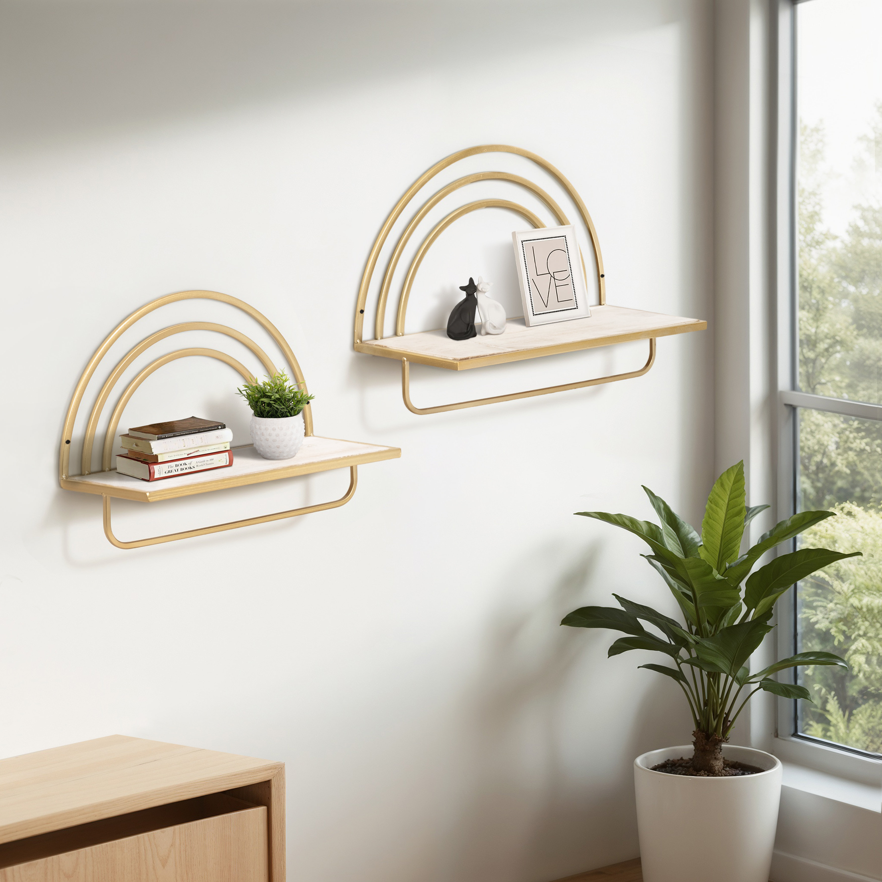 Gracie Oaks Erwan Boho Wall Storage Shelf Set - Wood & Metal Arched ...