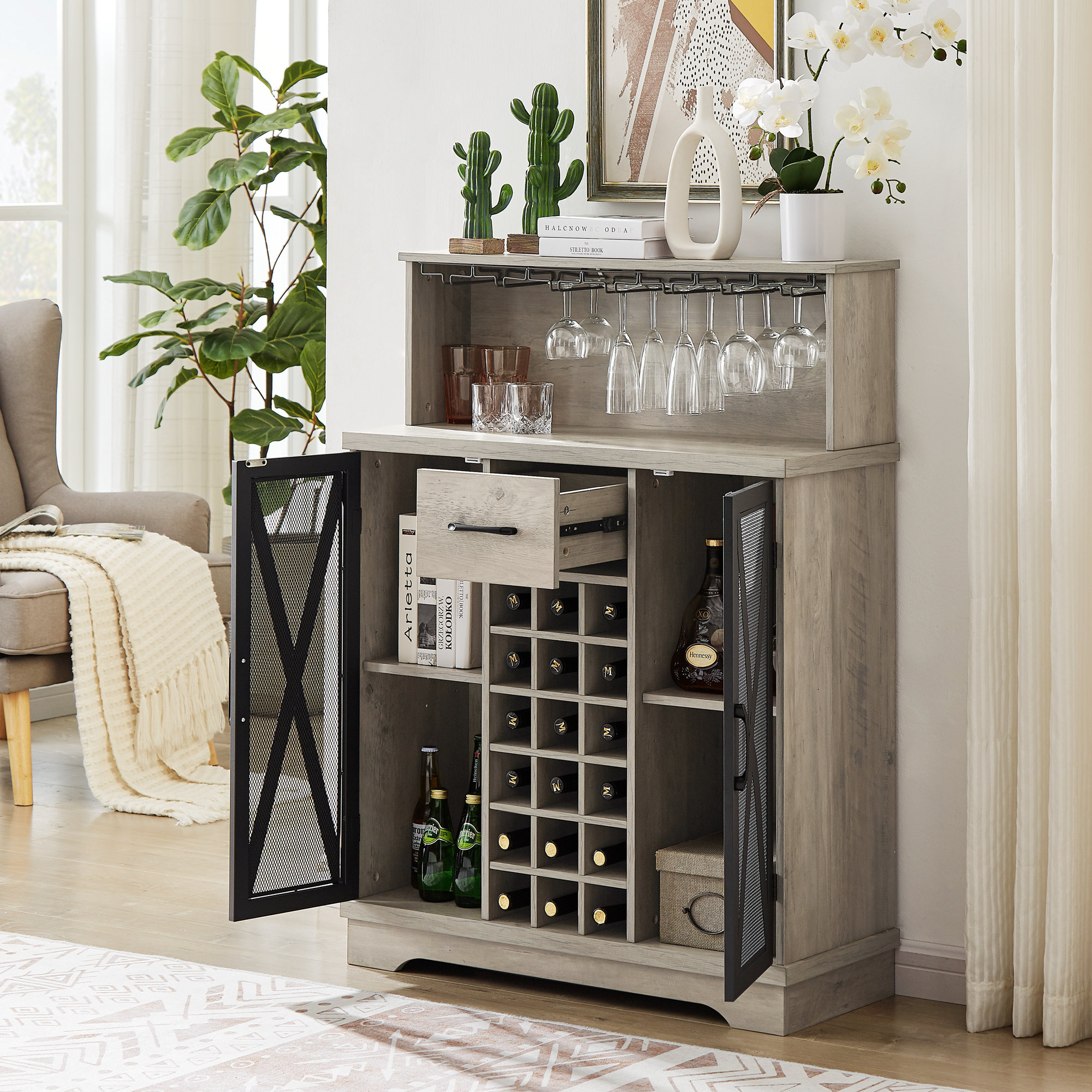 Gracie Oaks Wooden Wine Cabinet with Wine Glass Rack And Wine Storage ...