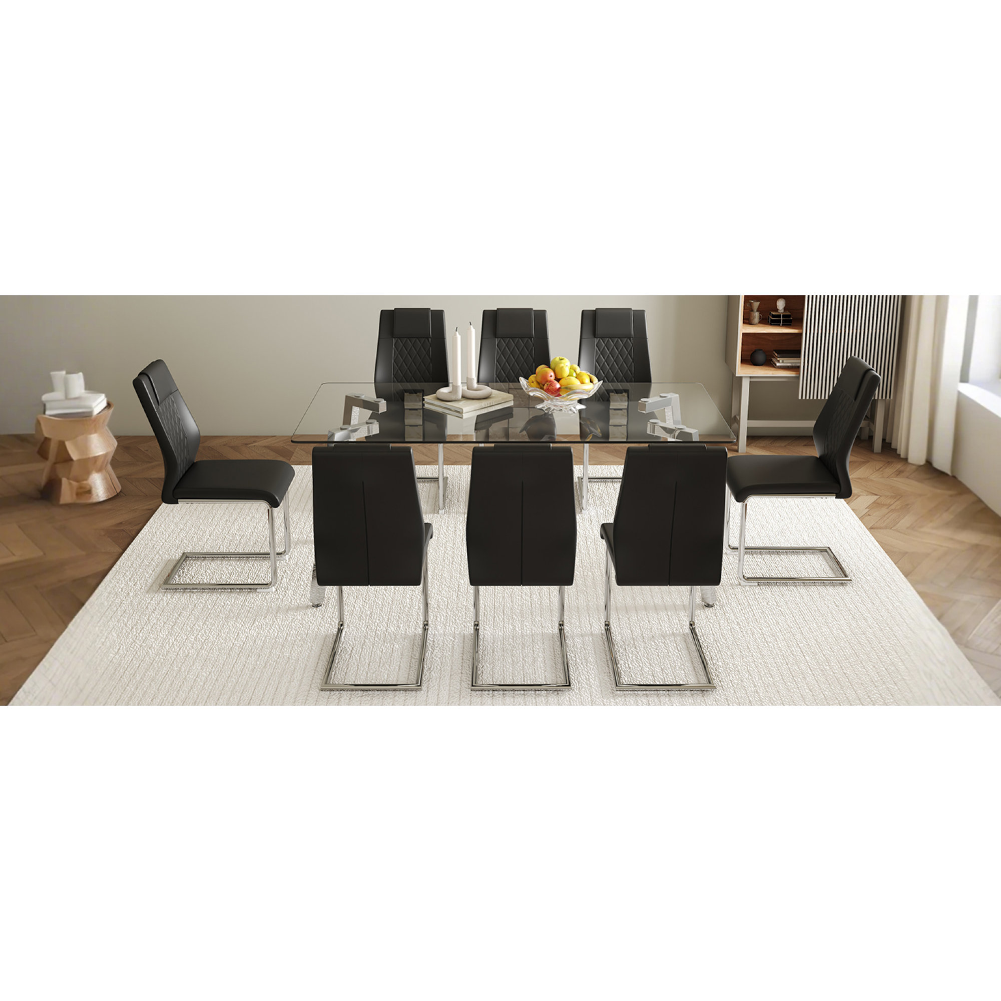 Ivy Bronx Elegant 71-inch Glass Dining Table With 8 Comfortable Black ...