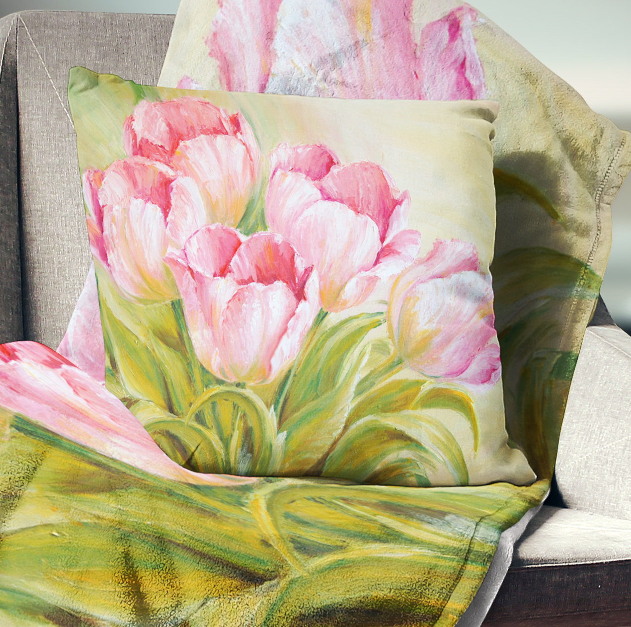 Design Art Bunch of Tulips Oil - Floral Printed Pillow | Wayfair