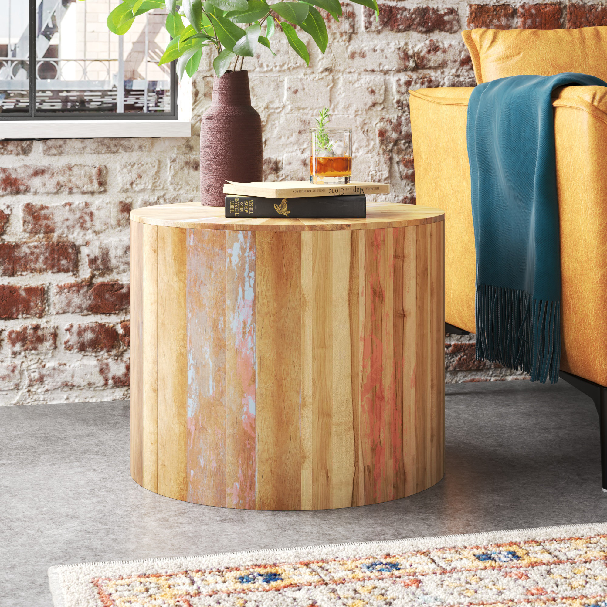 Union Rustic Joviana Reclaimed Wood Handmade Pinwheel Drum Side End ...