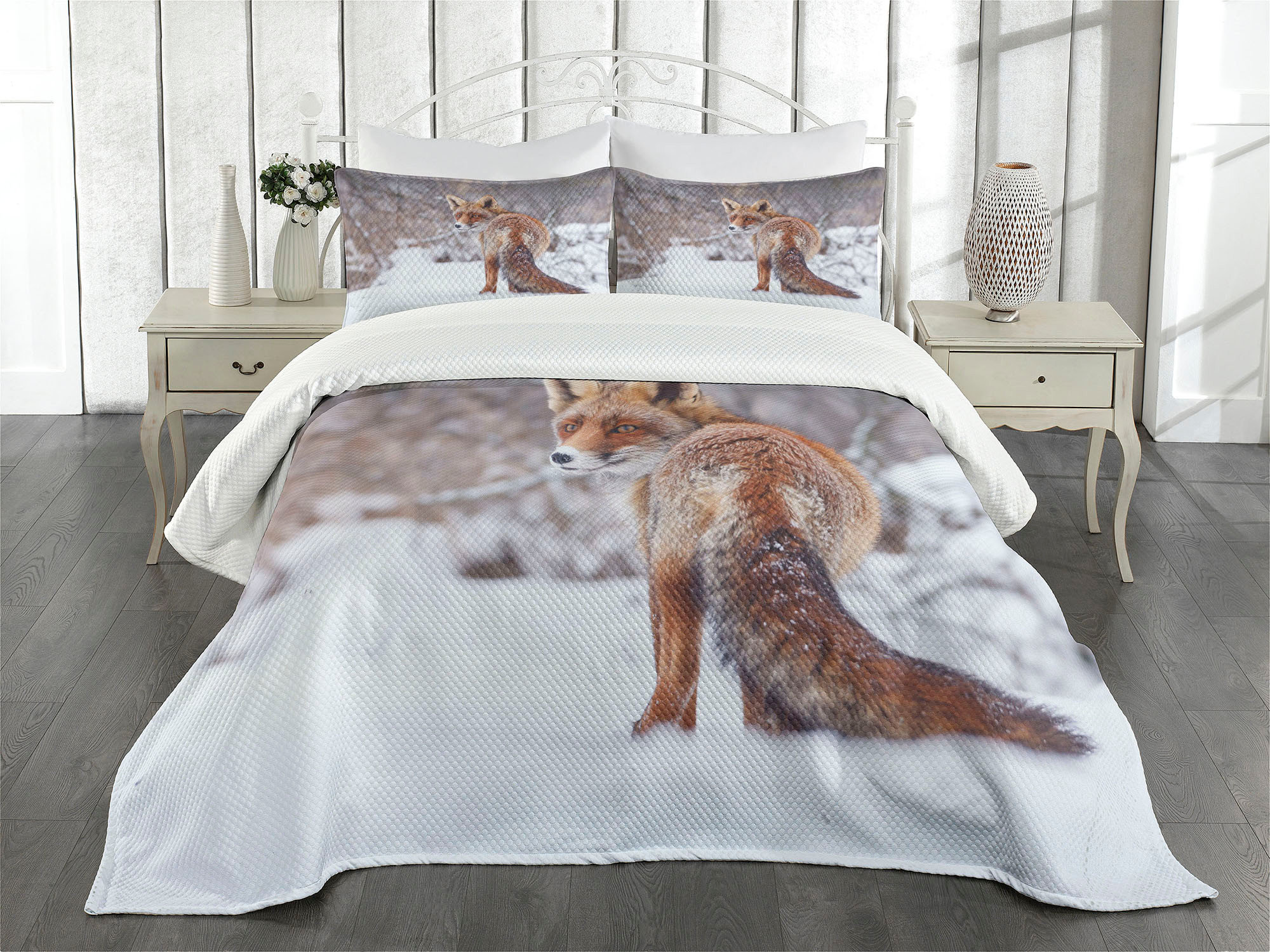 Ambesonne Fox Bedspread Set Snowy Country Furry Animal Redwood Brown ...