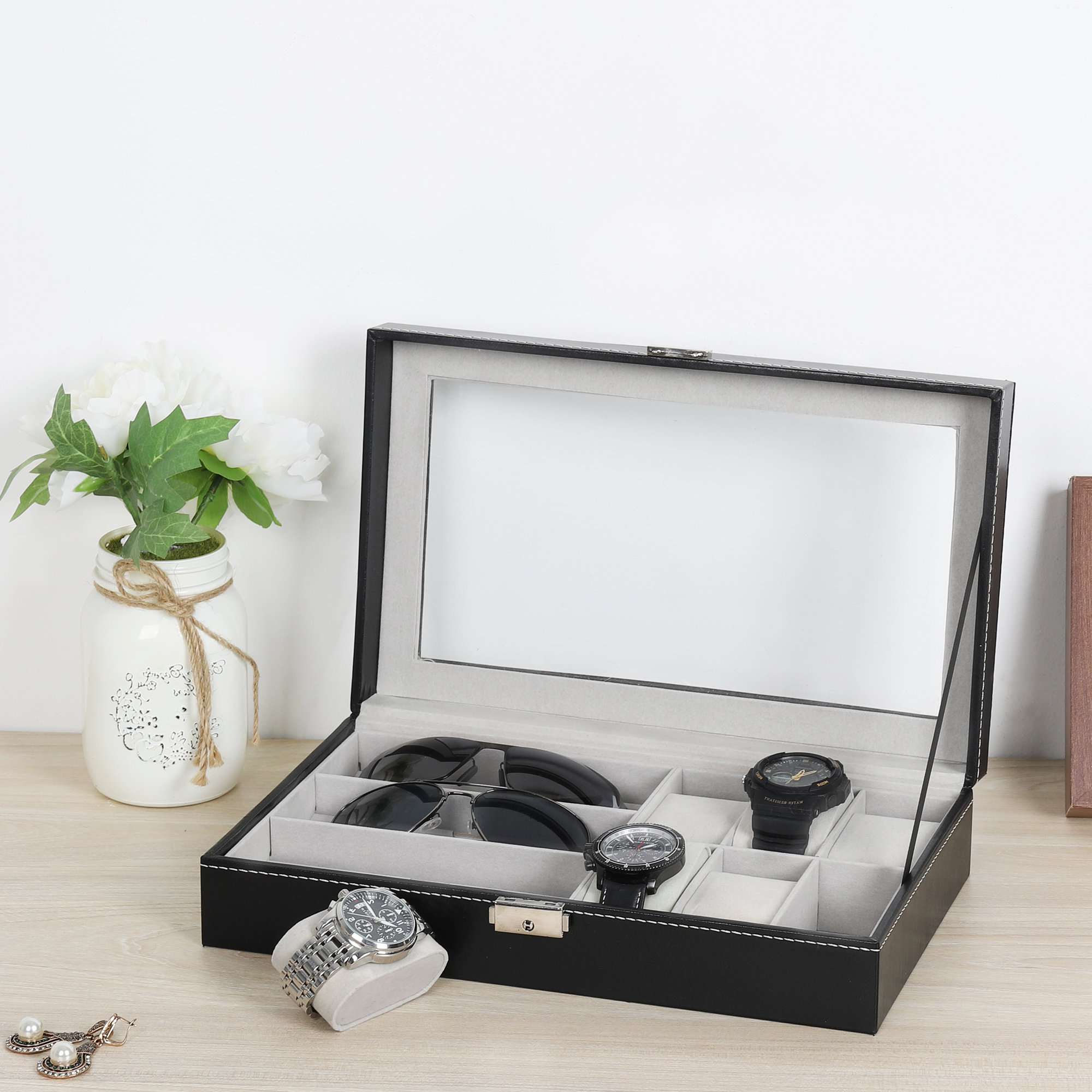 Red Barrel Studio® Black Watch Box Jewellery Case and Sunglasses ...