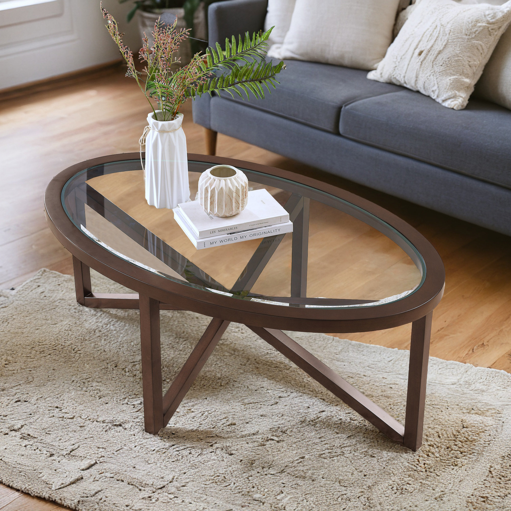 Ebern Designs Round Transparent Glass Top Coffee Table with Solid Wood ...