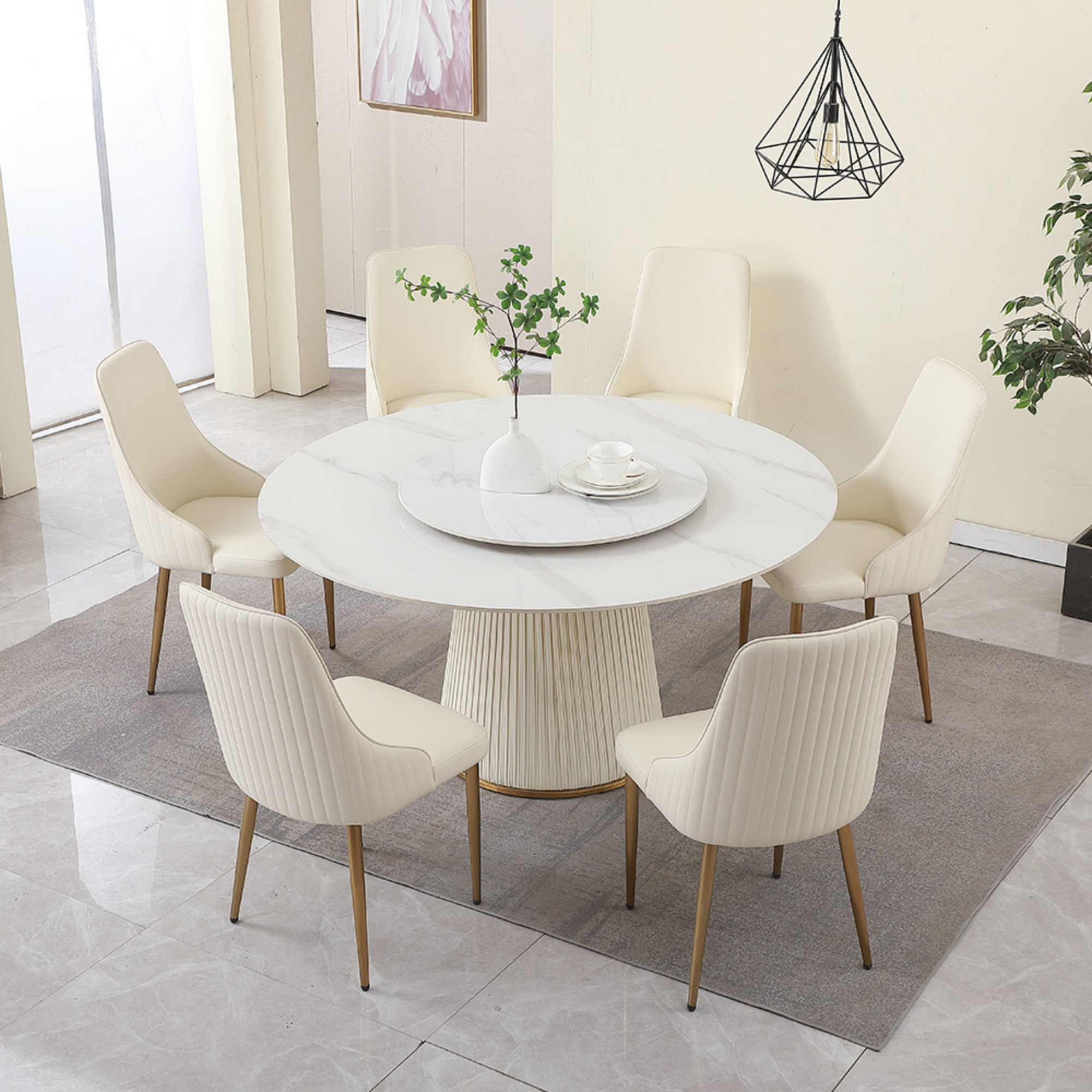 Hokku Designs Modern Sintered Stone Dining Table with Rotating Top & 6 ...