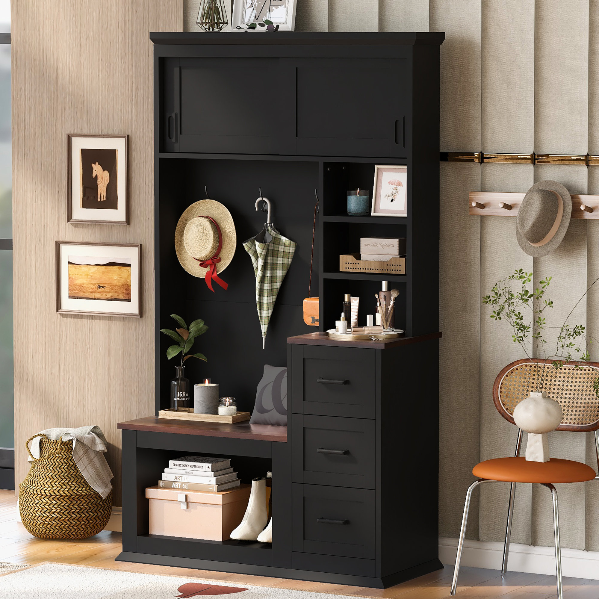 Red Barrel Studio Modern Entryway Storage Bench with Coat Hooks ...