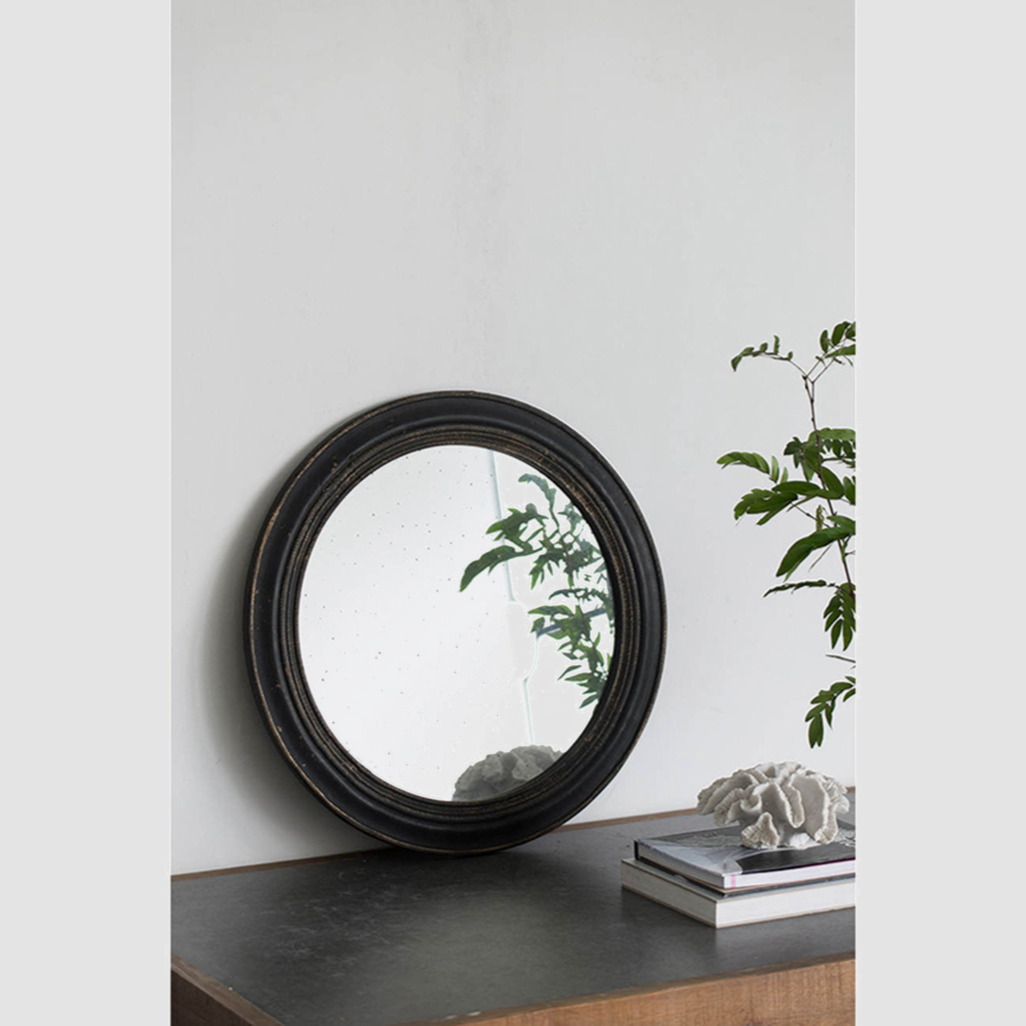 Gracie Oaks 23.5" Circle Wall Mirror With Wooden Black Frame, Antique ...
