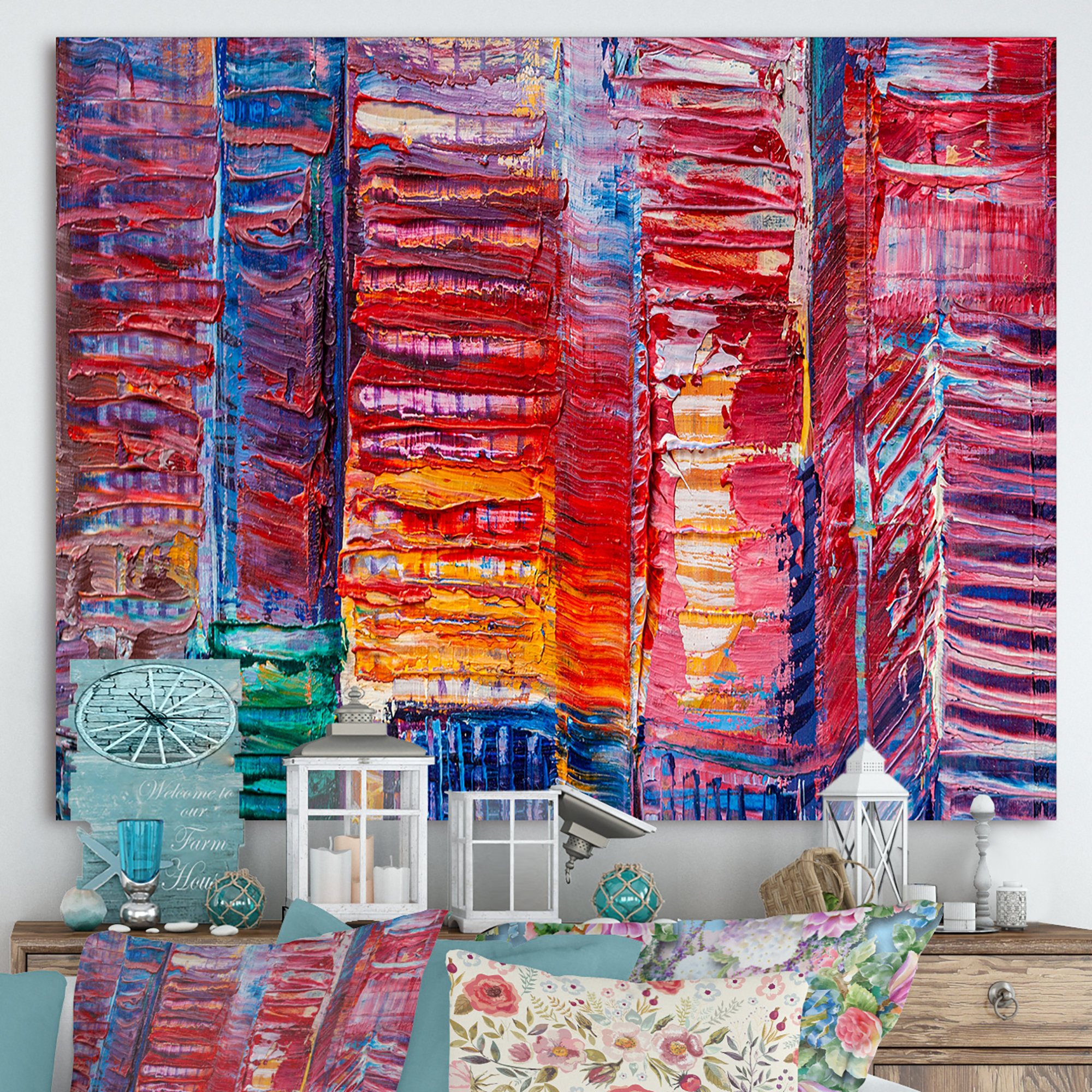 East Urban Home Red Matrix with Touches - Painting Print on Canvas ...