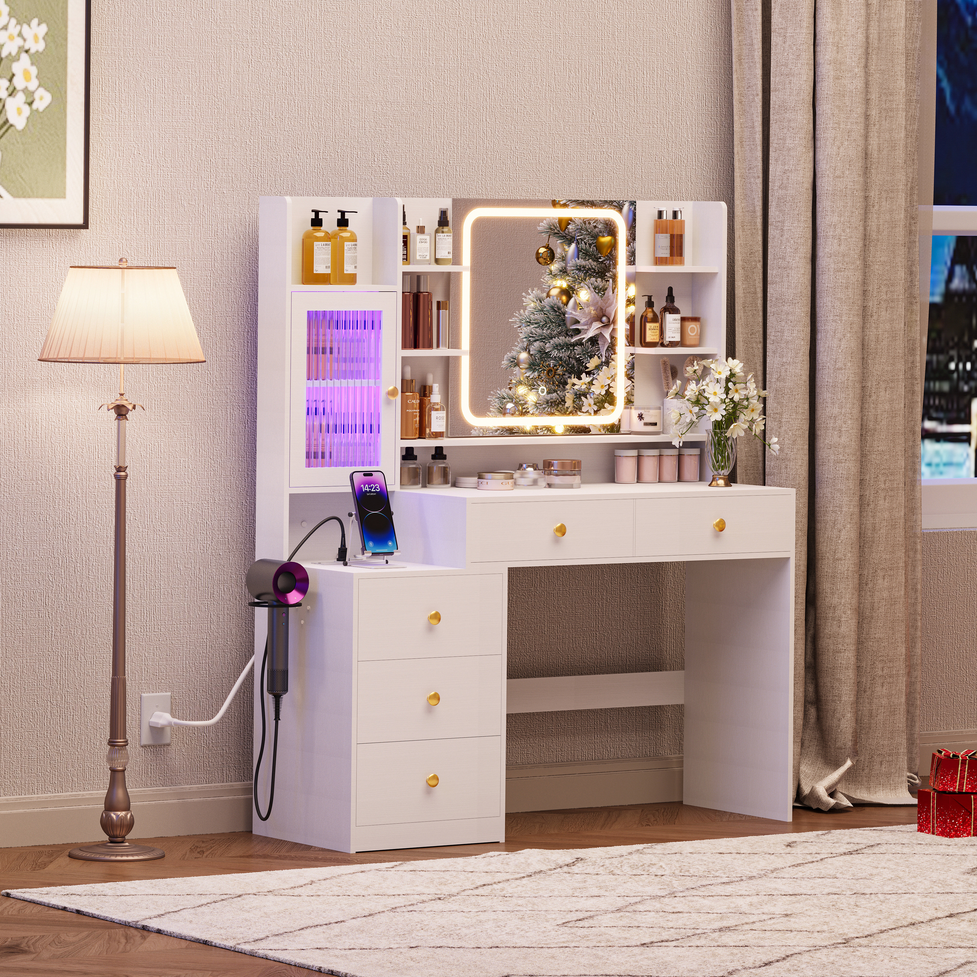 Ivy Bronx Makeup Vanity Desk With Mirror And Led Light, Transparent ...