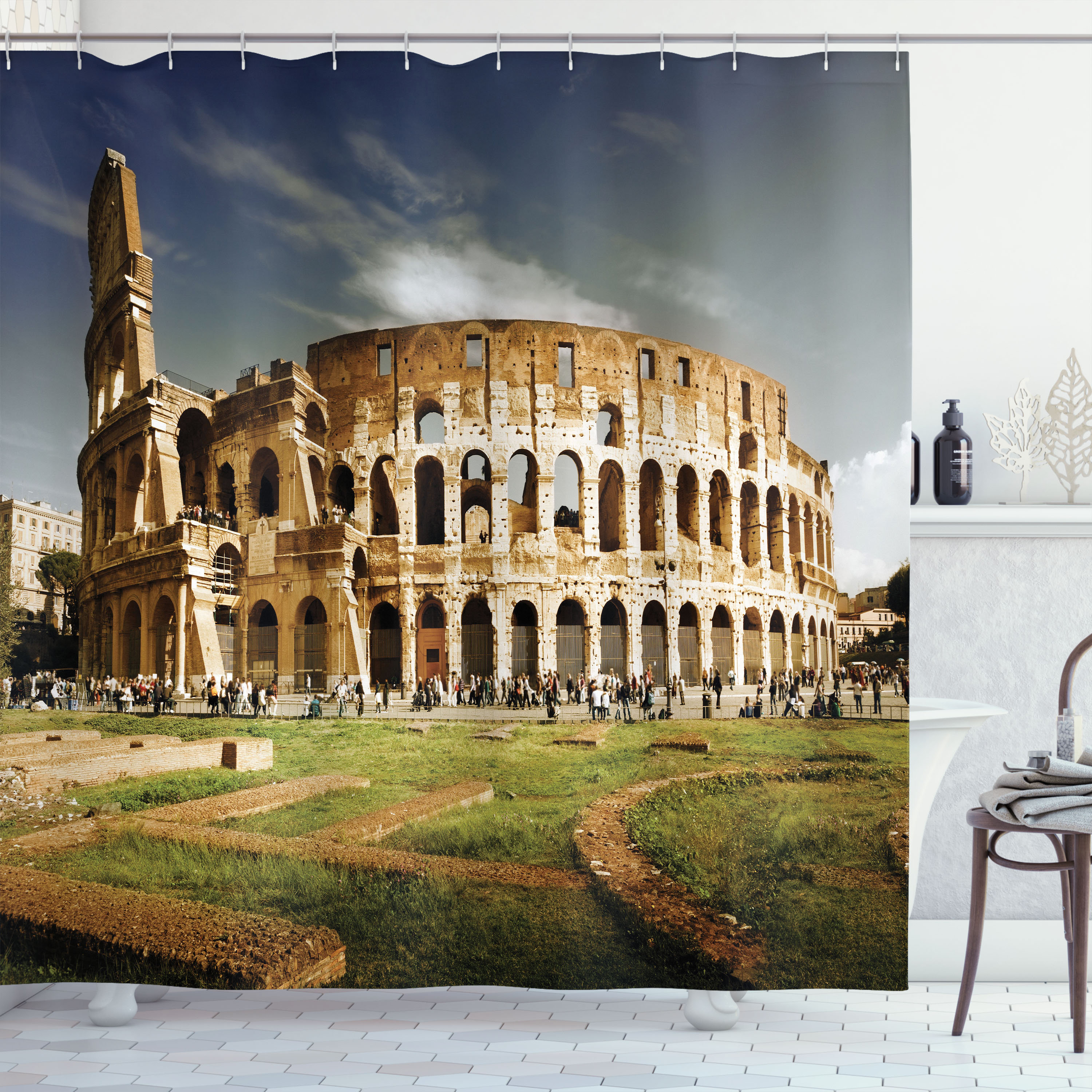 Ambesonne Italy Shower Curtain Monument Ruins Pale Coffee Dark Blue ...