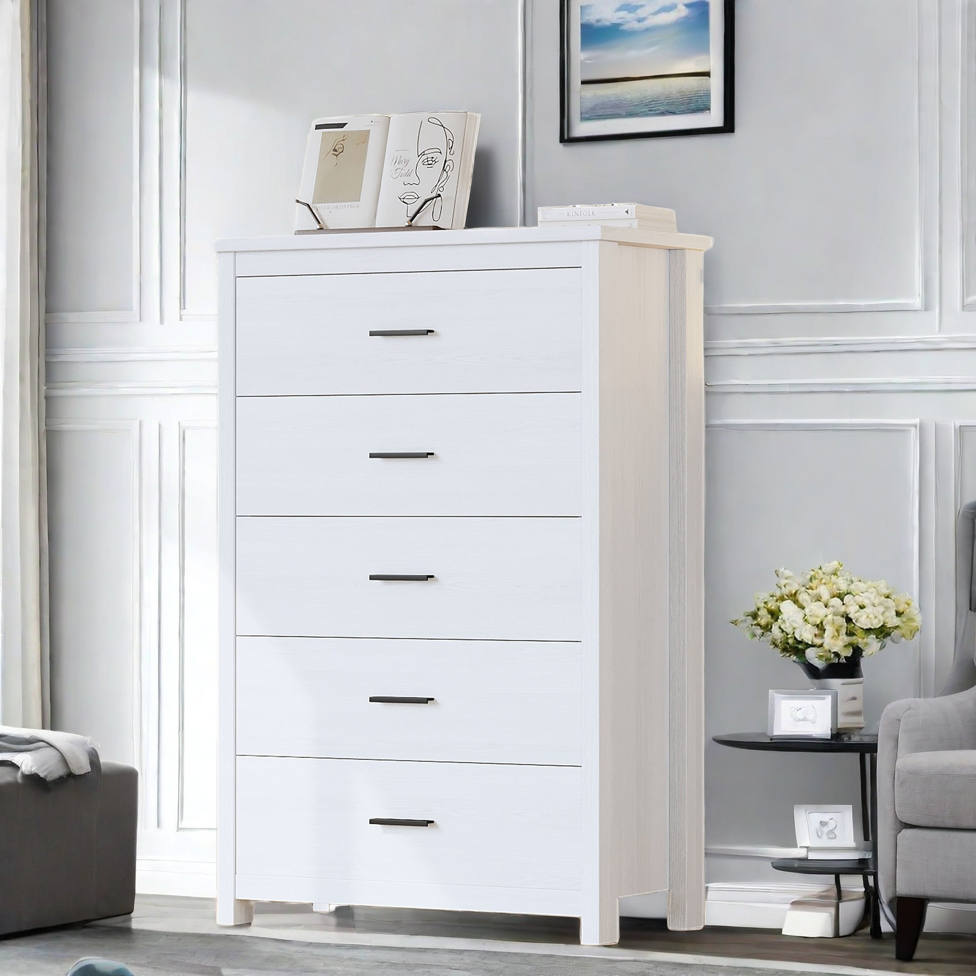 Ebern Designs American Country Style Wooden Dresser with 5 Drawers ...