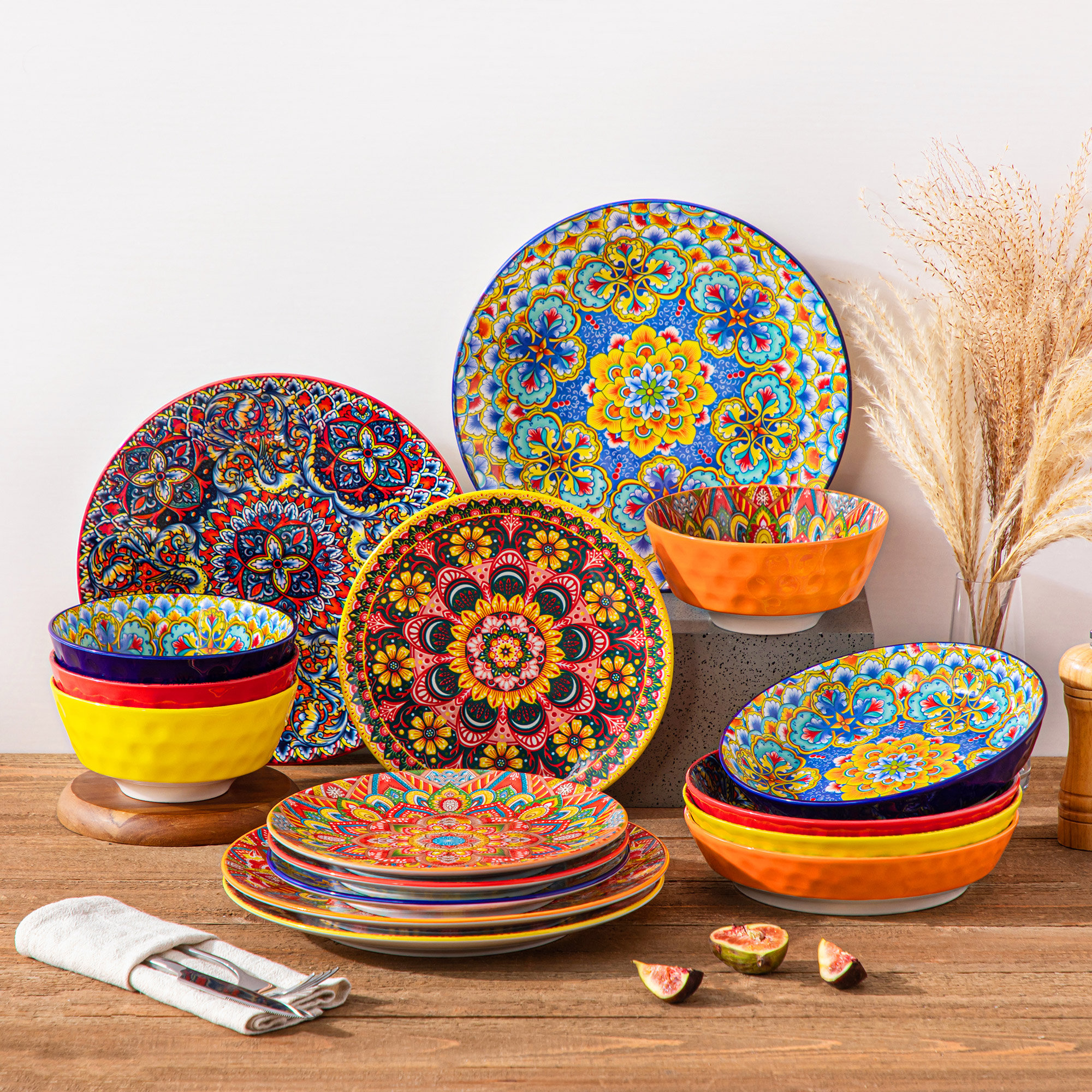 Vancasso 16 Piece Boho Style Dinnerware Set For 4,Assorted 4 Printed ...