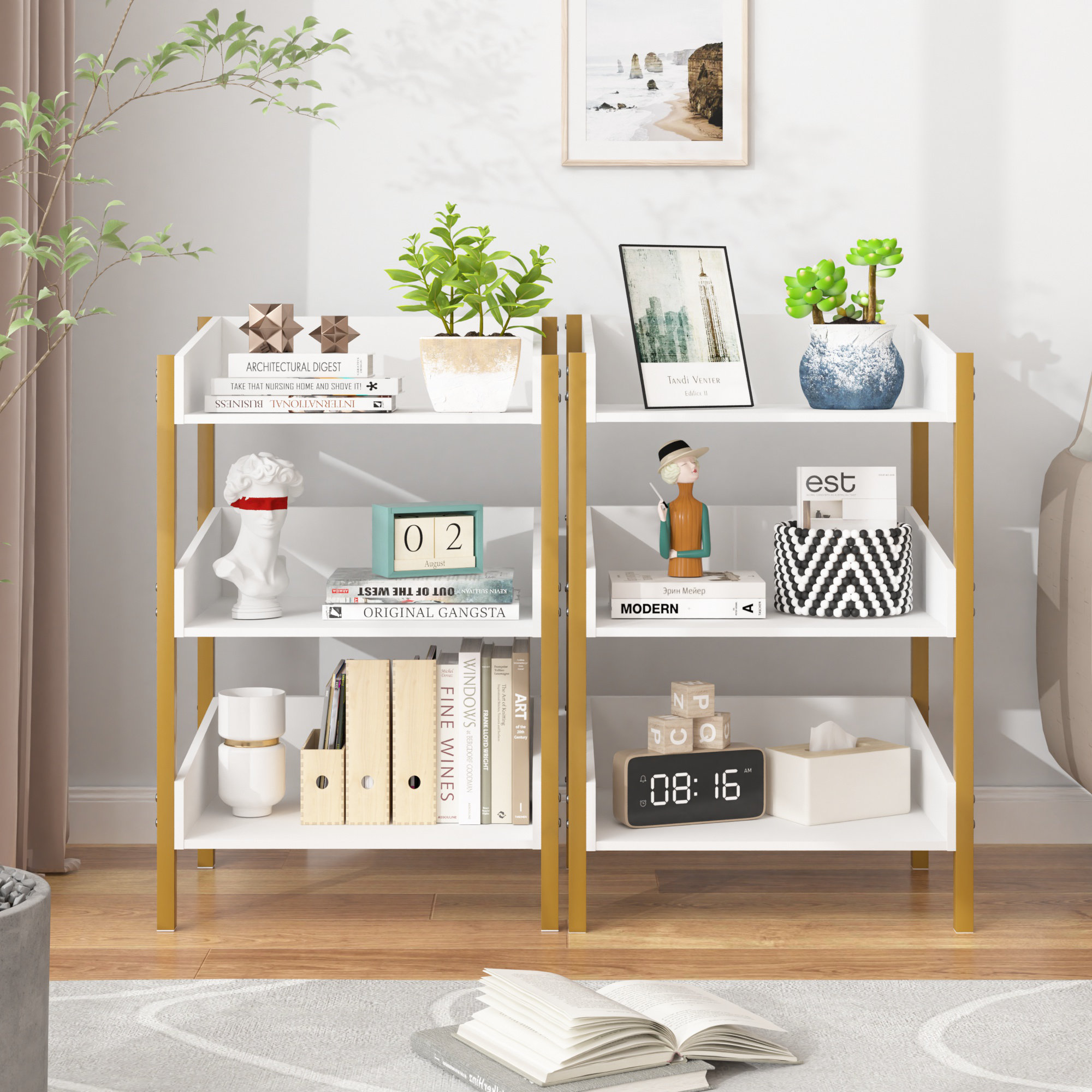 Mercer41 3 Tier Wooden Bookshelf With Storage Set Of 2, Small White ...