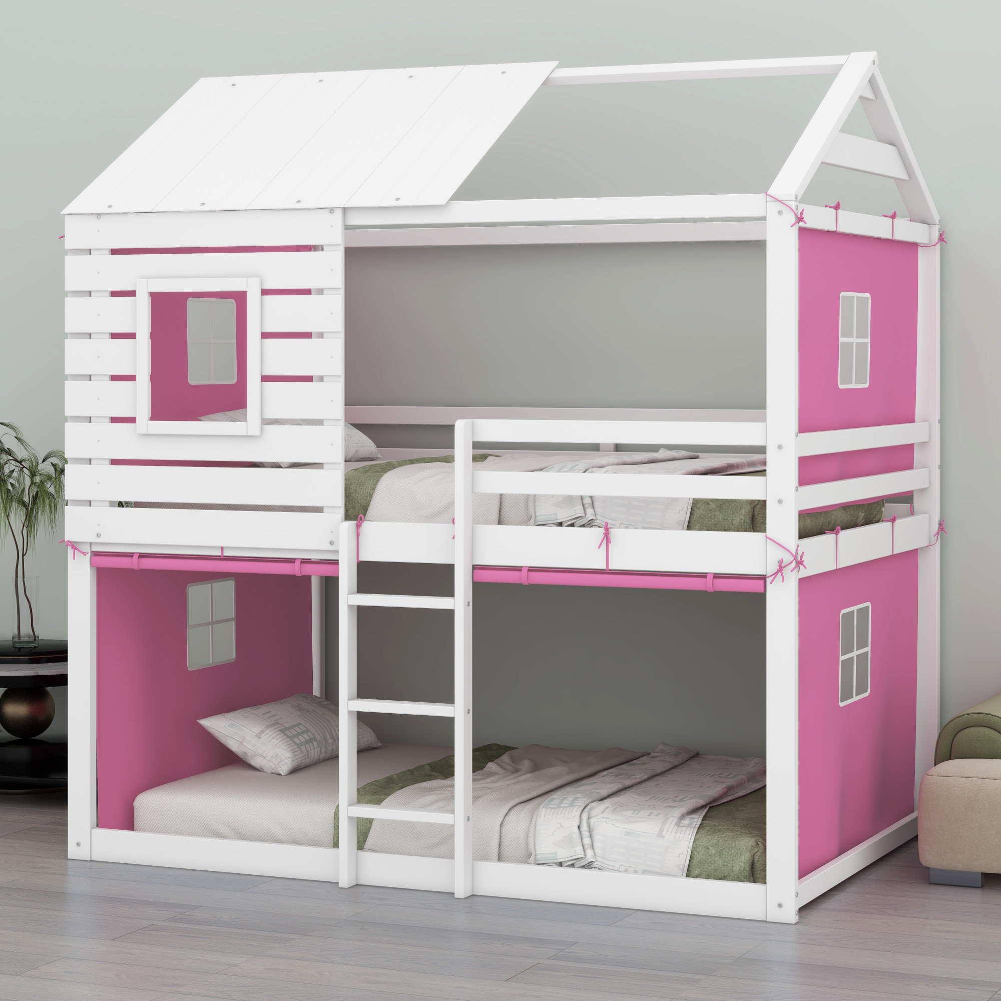 Lucky Furniture Bunk Wood House Bed With Tent - Wayfair Canada