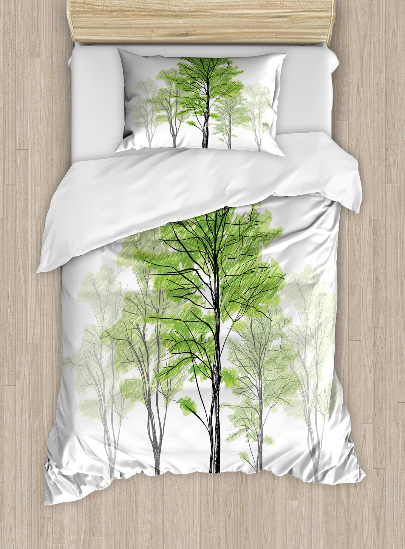 Ambesonne Forest Duvet Cover Set, Hand Drawn Nature Motif, Twin, Green ...