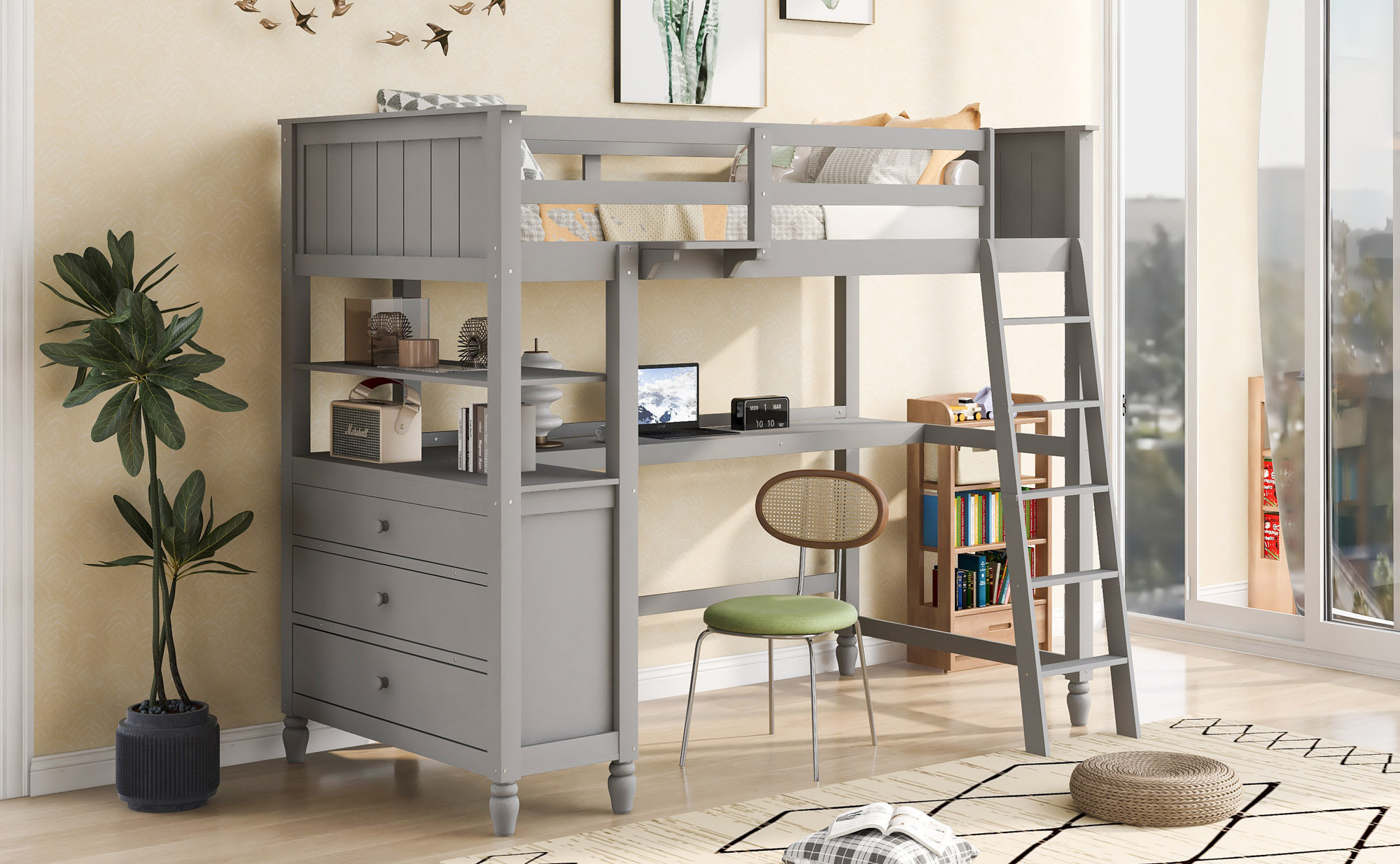 Latitude Run® Full Size Loft Bed With Drawers And Desk, Wooden Loft Bed With Shelves - Wayfair ...