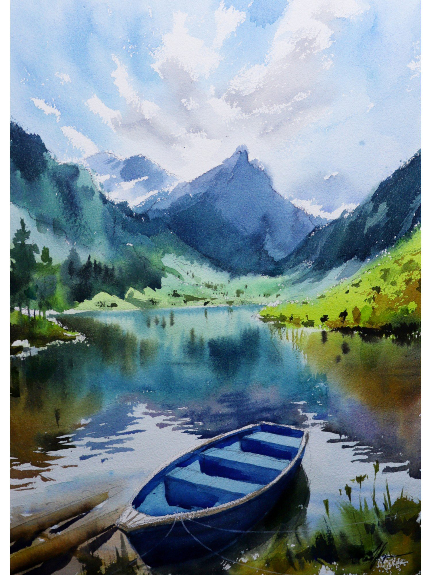 Exotic India Boat On The Lake | Landscape View | Watercolor Painting By ...