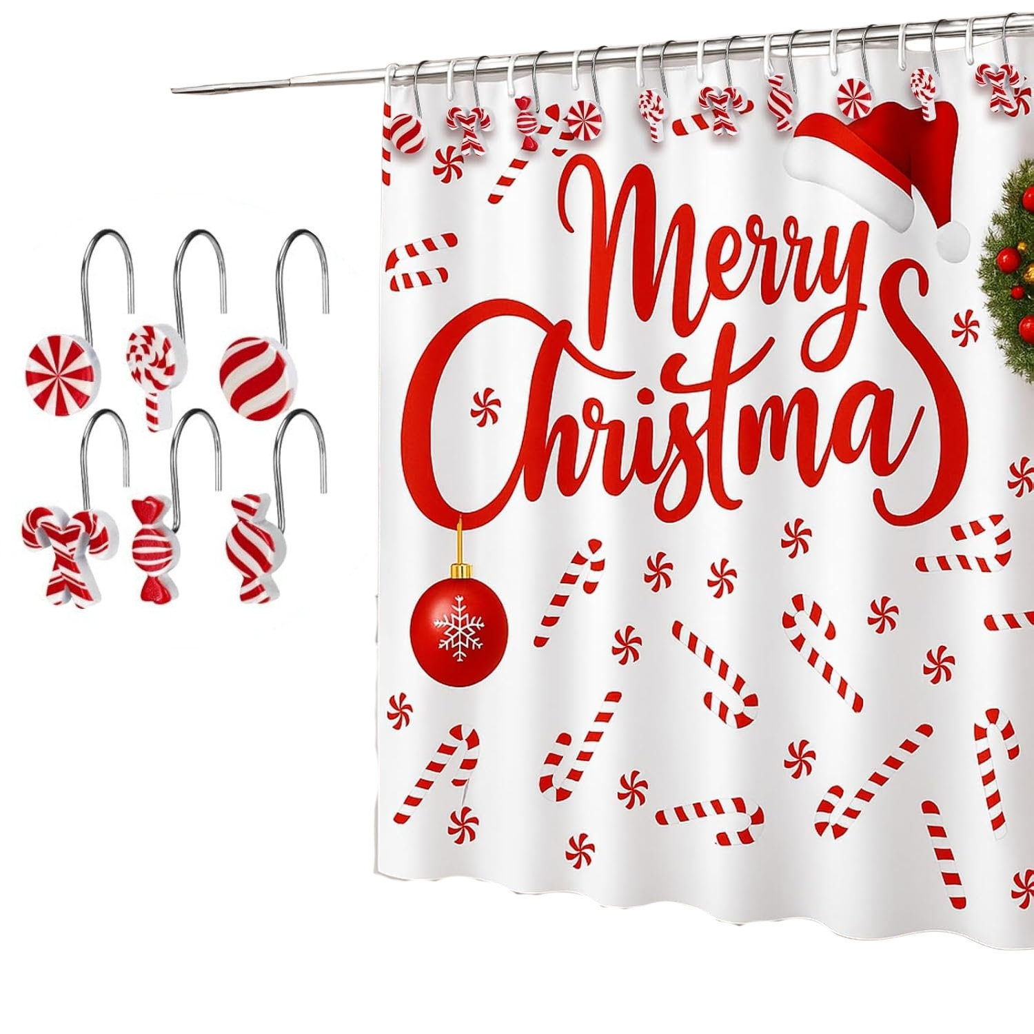 East Urban Home 13 Pcs Christmas Candy Cane Shower Curtain Set For ...