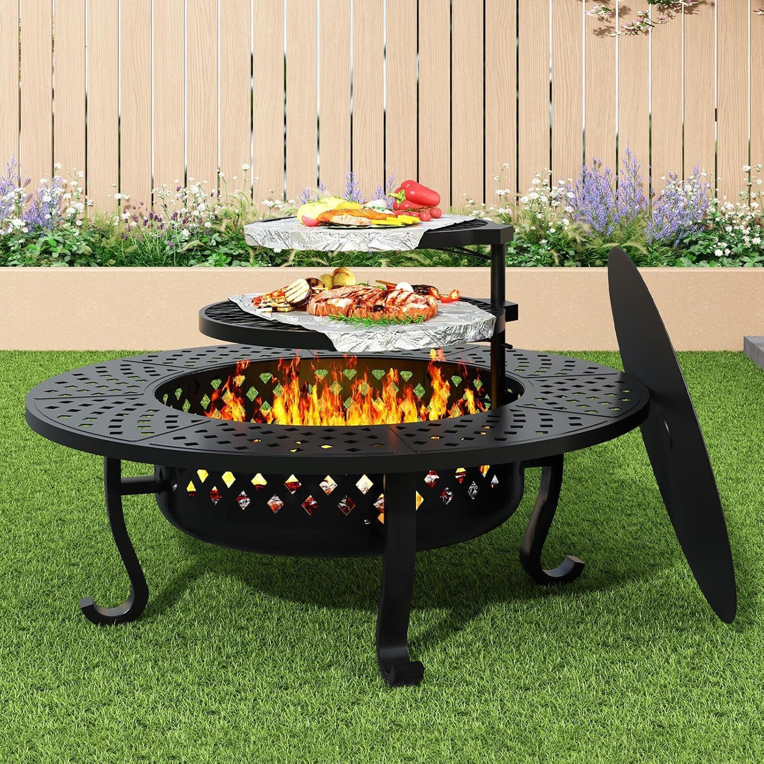 ENDROM 43 Inch Wood Burning Fire Pit with Dual Grills & Cover – Outdoor ...