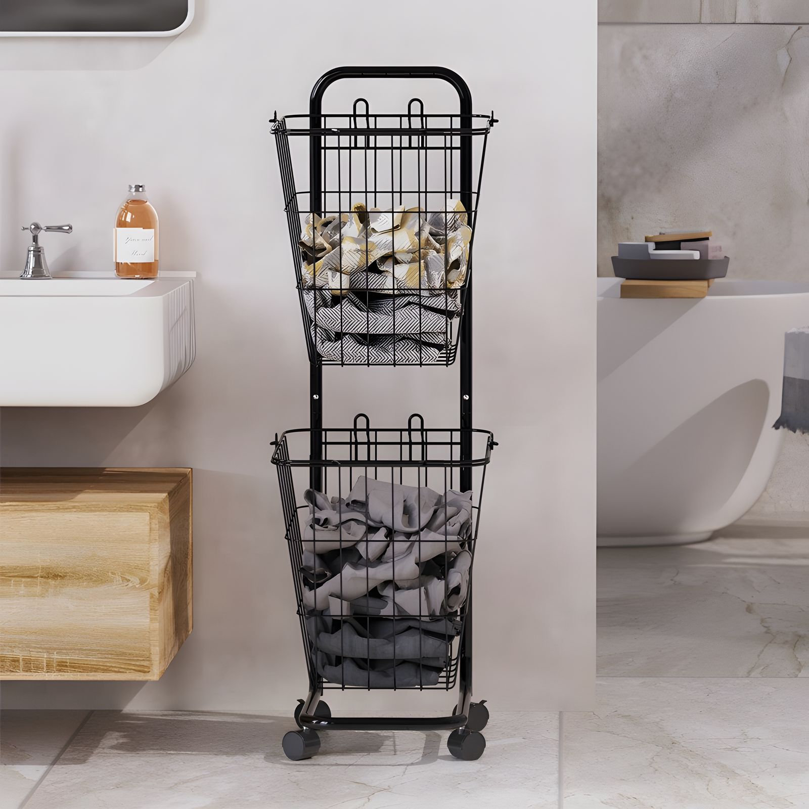 Rebrilliant 2-Tier Rolling Laundry Basket With 2 Removable Wire Baskets ...
