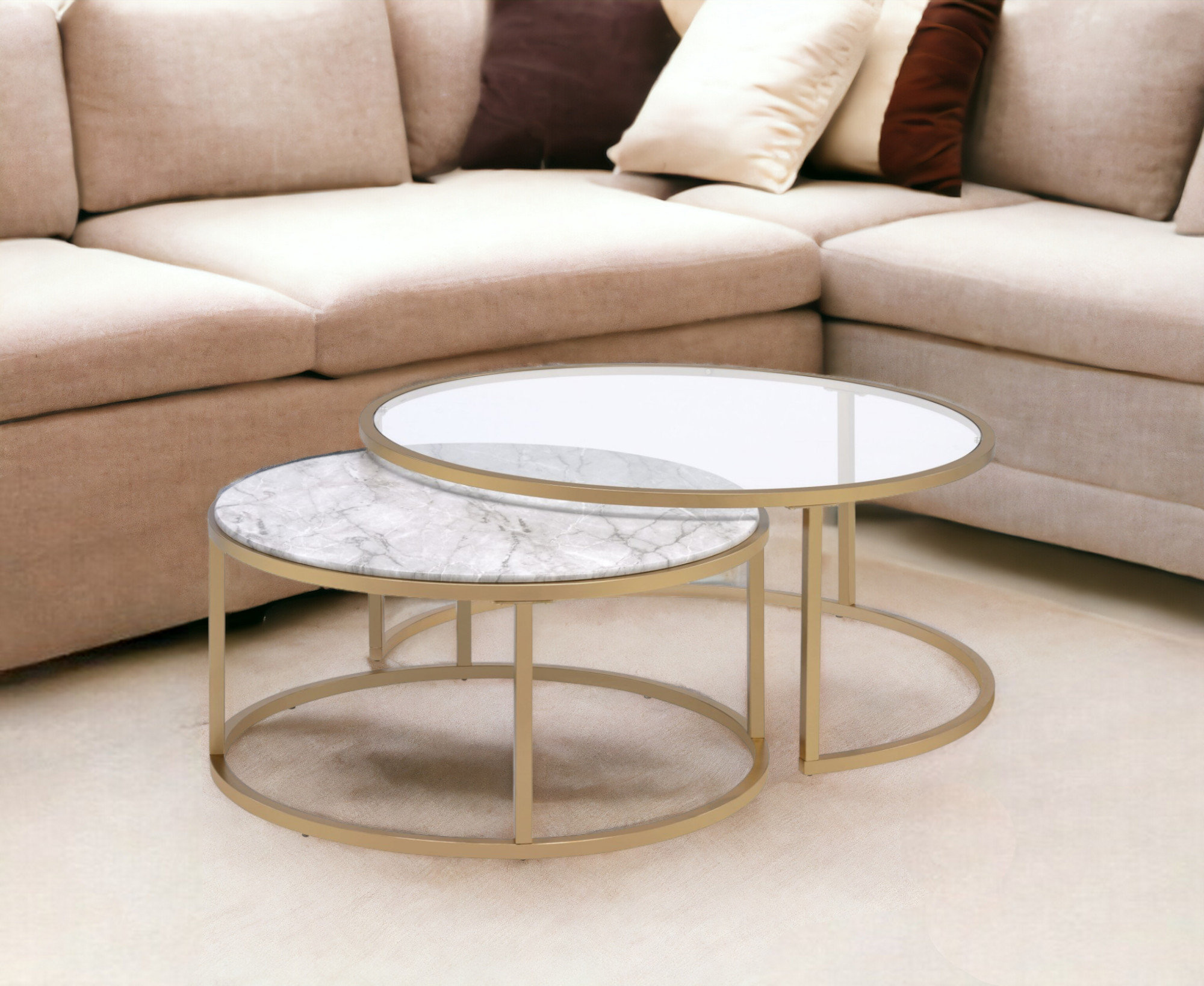 Everly Quinn 36" Clear White And Gold Glass Faux Marble And Iron Round ...