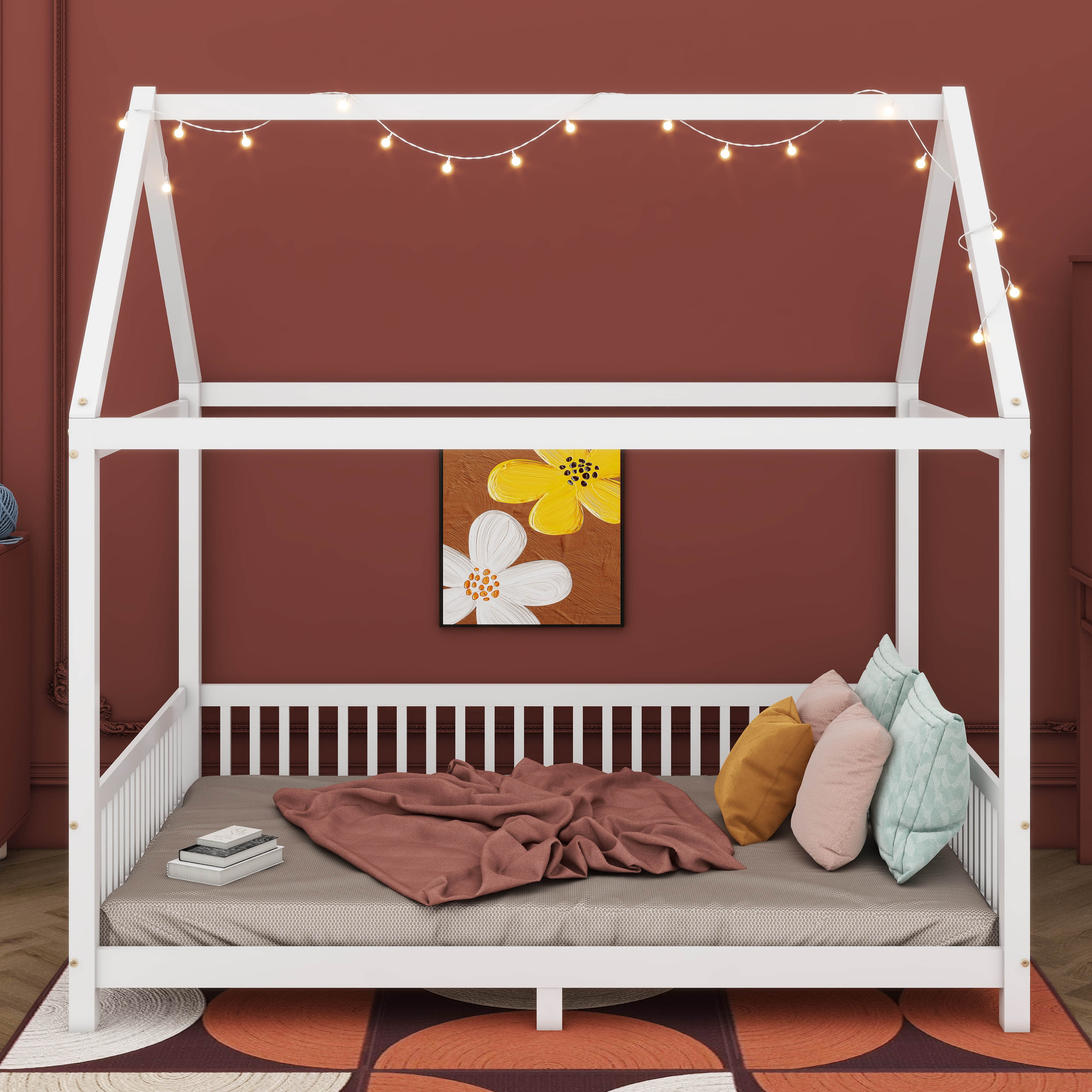 Harper Orchard Wooden Full-Size House Bed Featuring Guardrails And ...