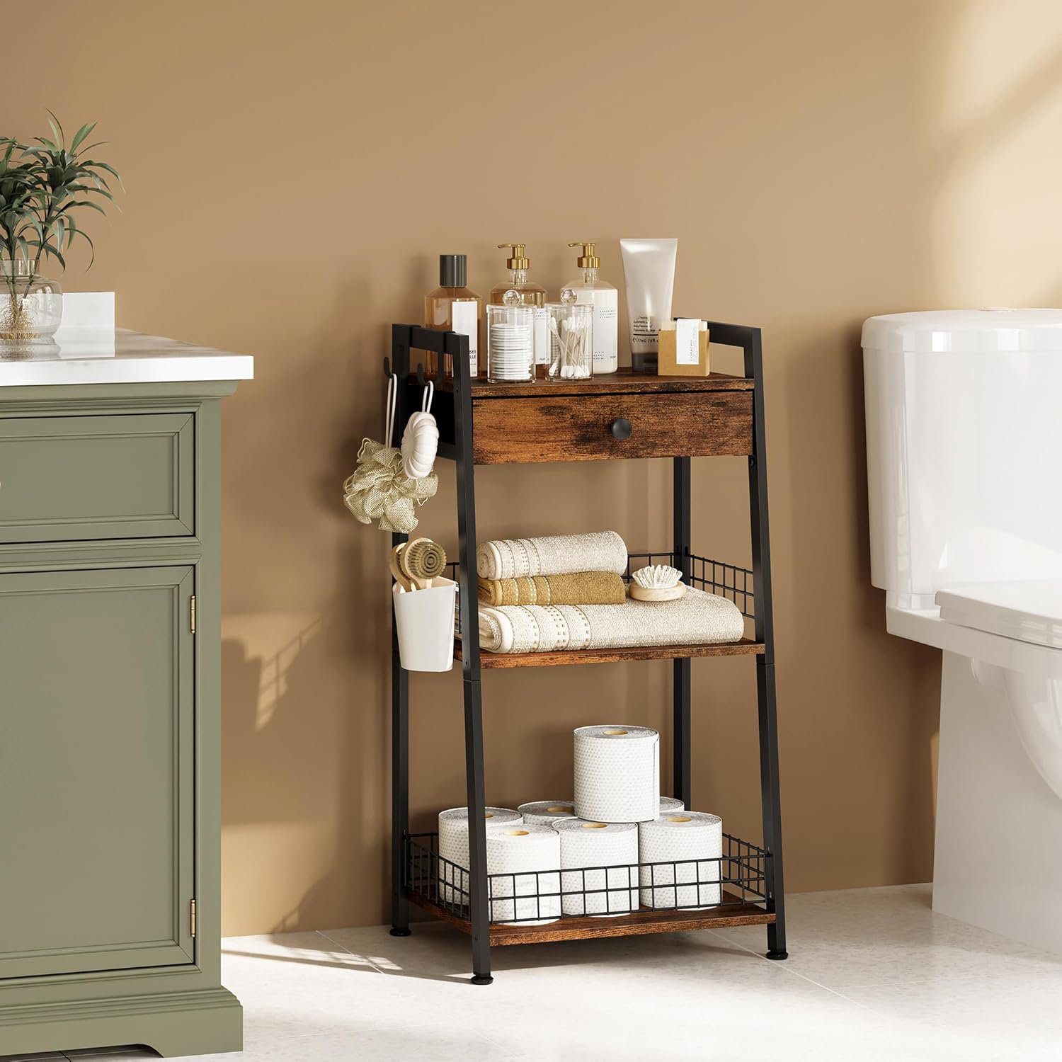 Latitude Run® 3-Tier Bathroom Ladder Shelf with Drawer, Bathroom Floor ...