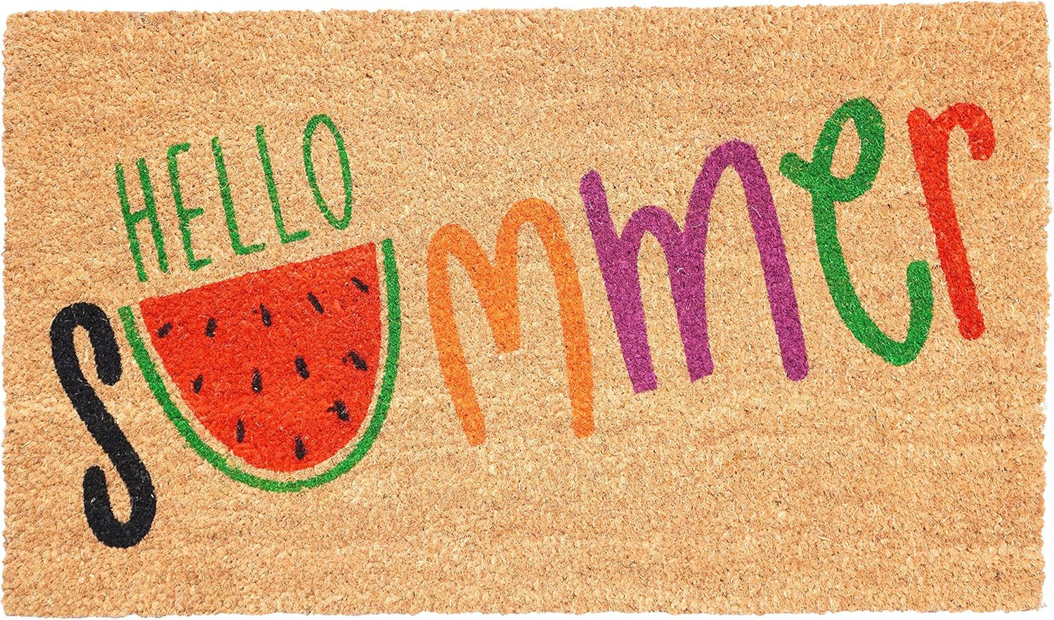 HomeRoots 17" X 29" Brown Green And Red Hello Summer Outdoor Coir Door ...