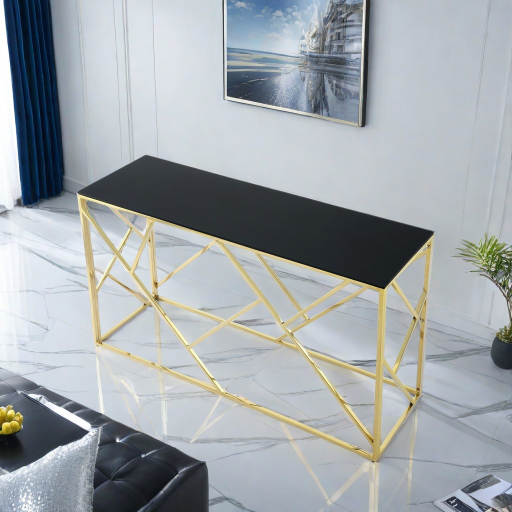 Everly Quinn 55" Console Table With Sturdy Metal Frame Black Tempered ...