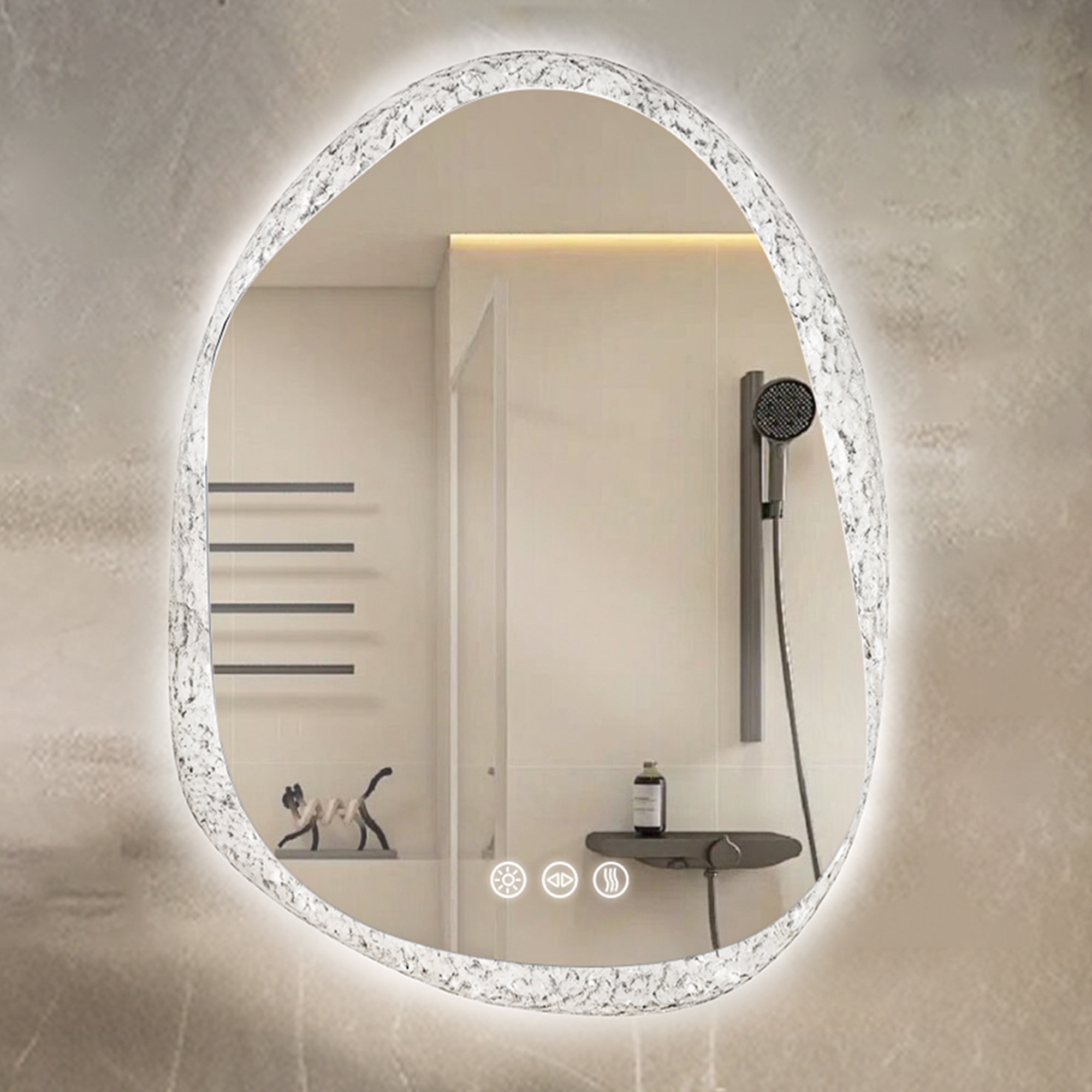 Ivy Bronx Stylish Stone Border Irregular Led Wall Mirror Bathroom ...