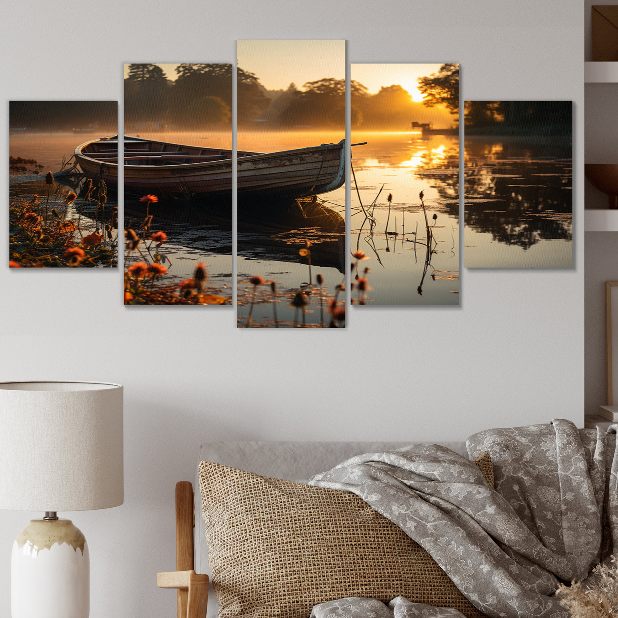 Design Art Canoe On The Lake - Lakehouse Canvas Wall Art - 5 Panels ...