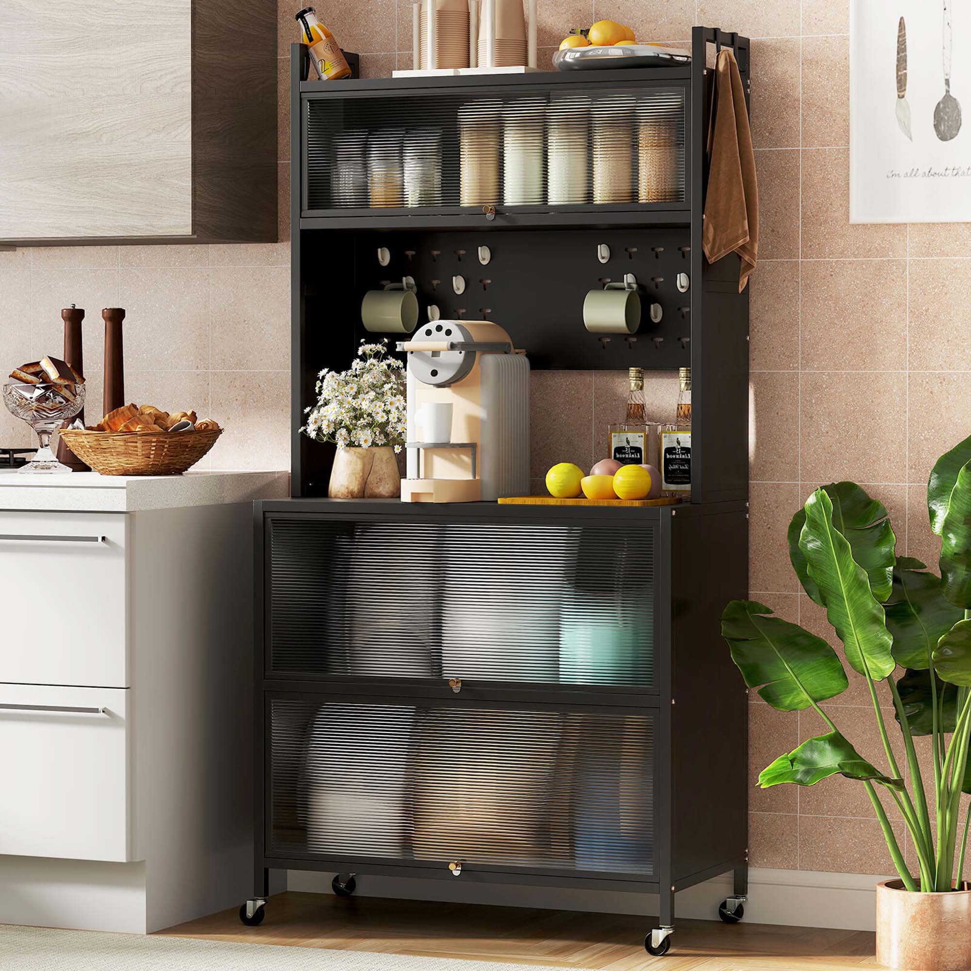 Ebern Designs 5 Tier Kitchen Bakers Rack Flip Door Cabinets Pegboard ...