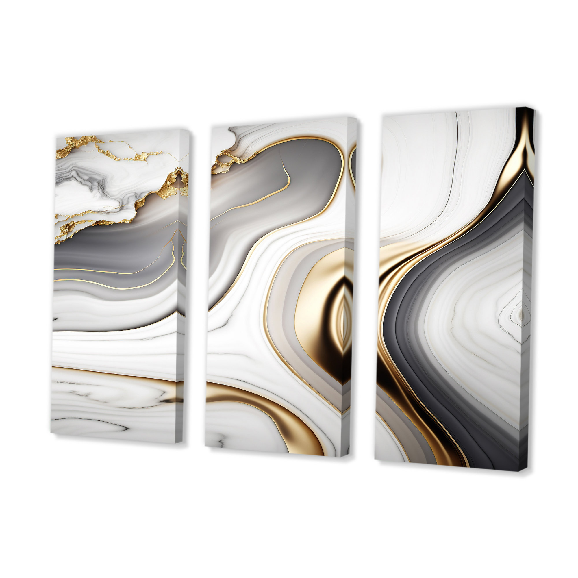 Design Art Abstract Geode Marble Waves Grey I - 3 Piece Print on Canvas ...
