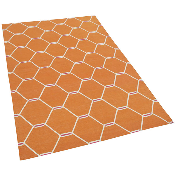 Ebern Designs Geometric Duri Orange Geometric Wool Handmade Area Rug ...