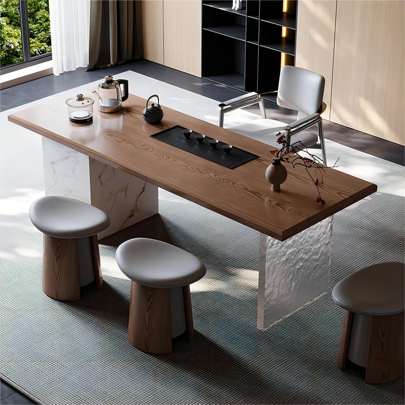 DECADANZ Rectangle Sintered Stone Solid Wood Executive Tea Desk And ...