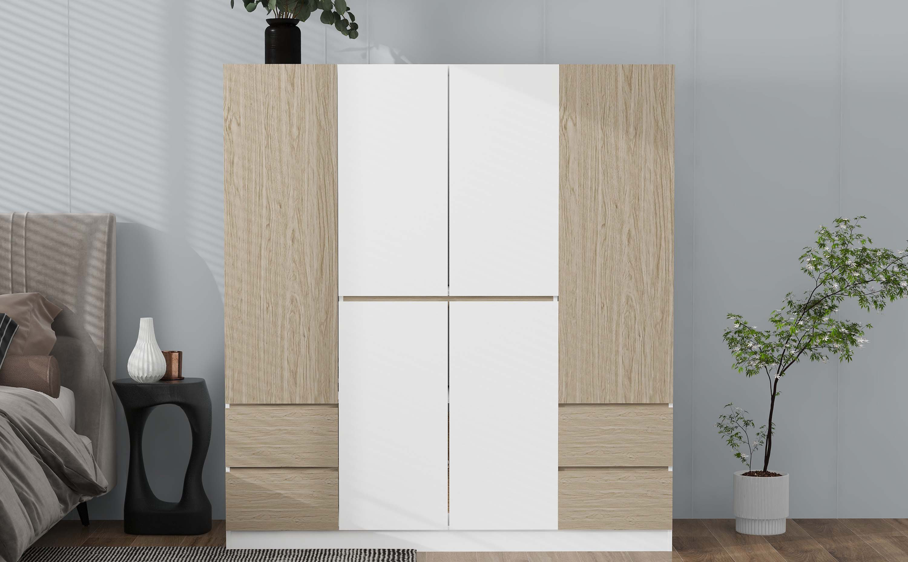 Ebern Designs Aathish 6 Doors Armoire with Drawers, Shelves and Hanging ...
