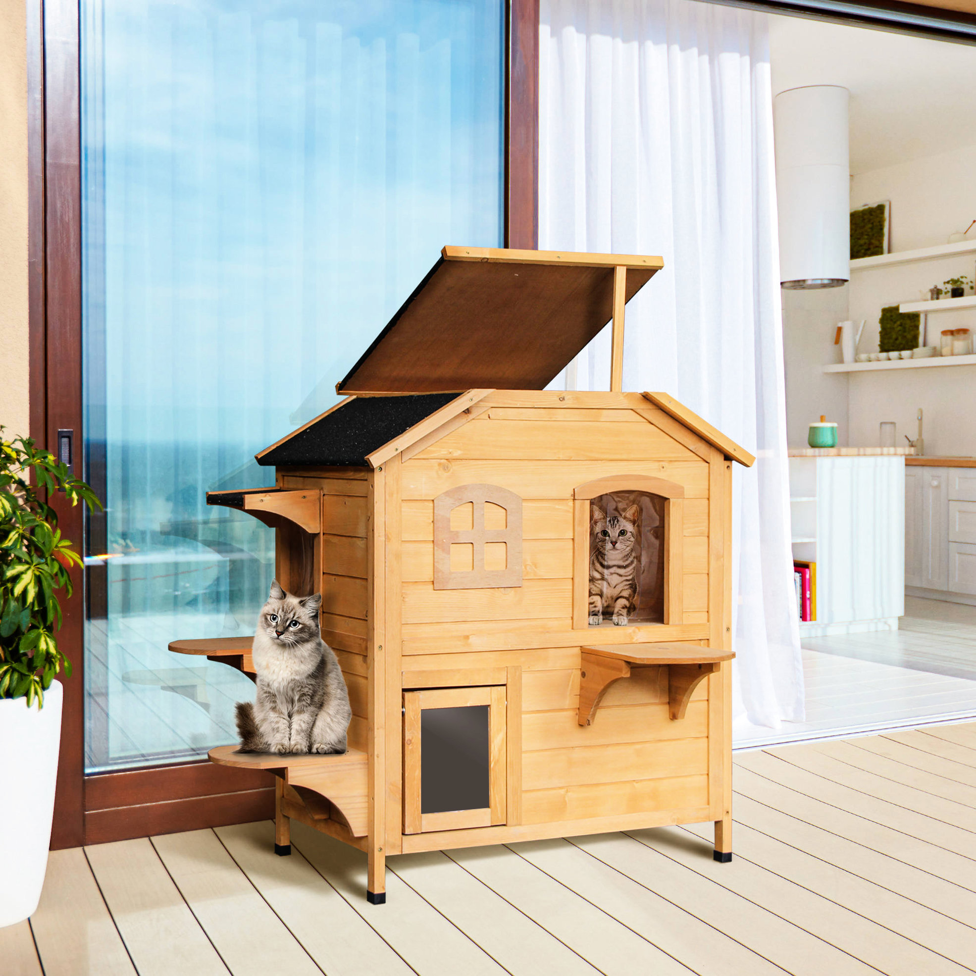 One Allium Way 2-Storey Cat Enclosure Outdoor - Wooden House With ...