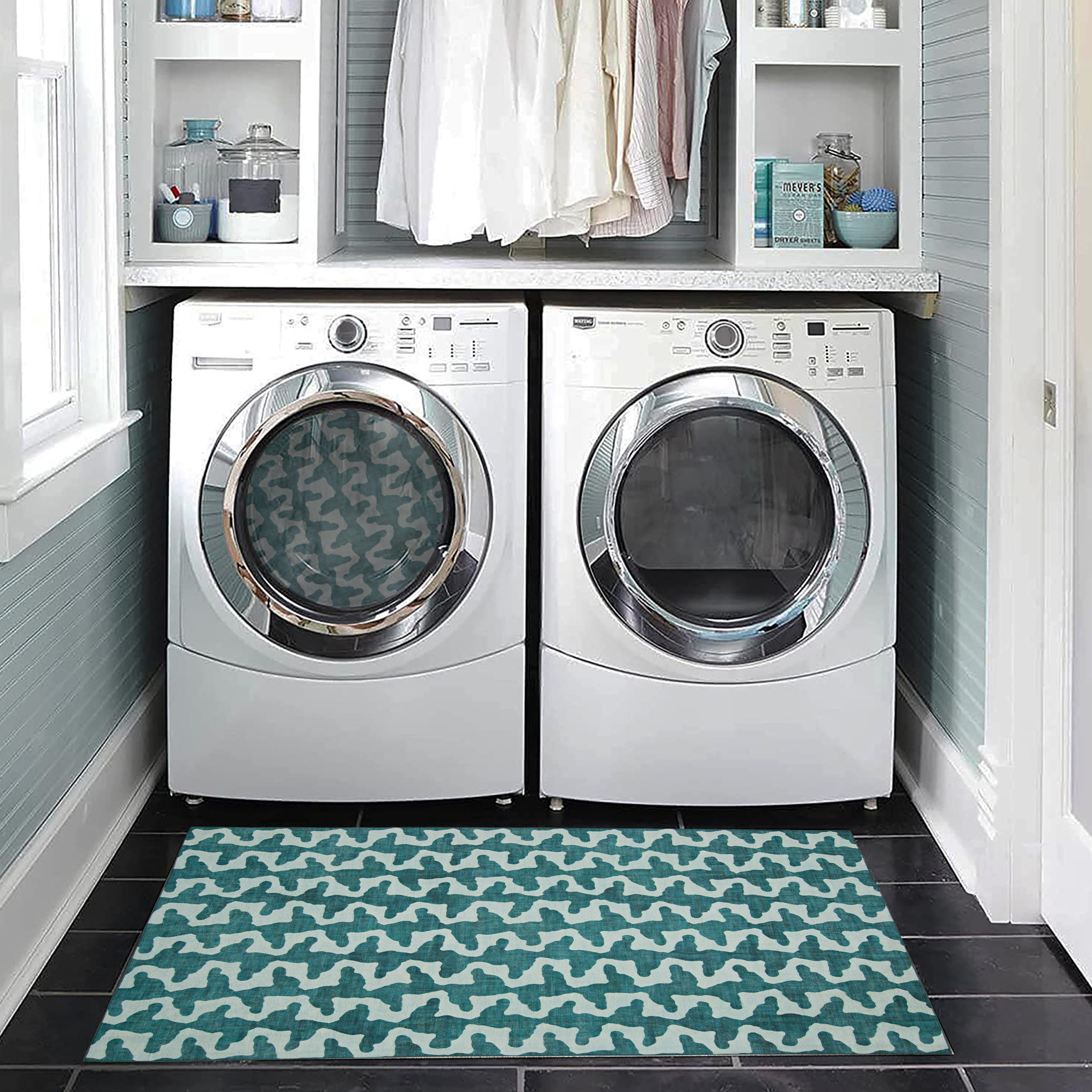 Ebern Designs Kivett Aqua/Green Indoor/Outdoor Washable Area Rug ...