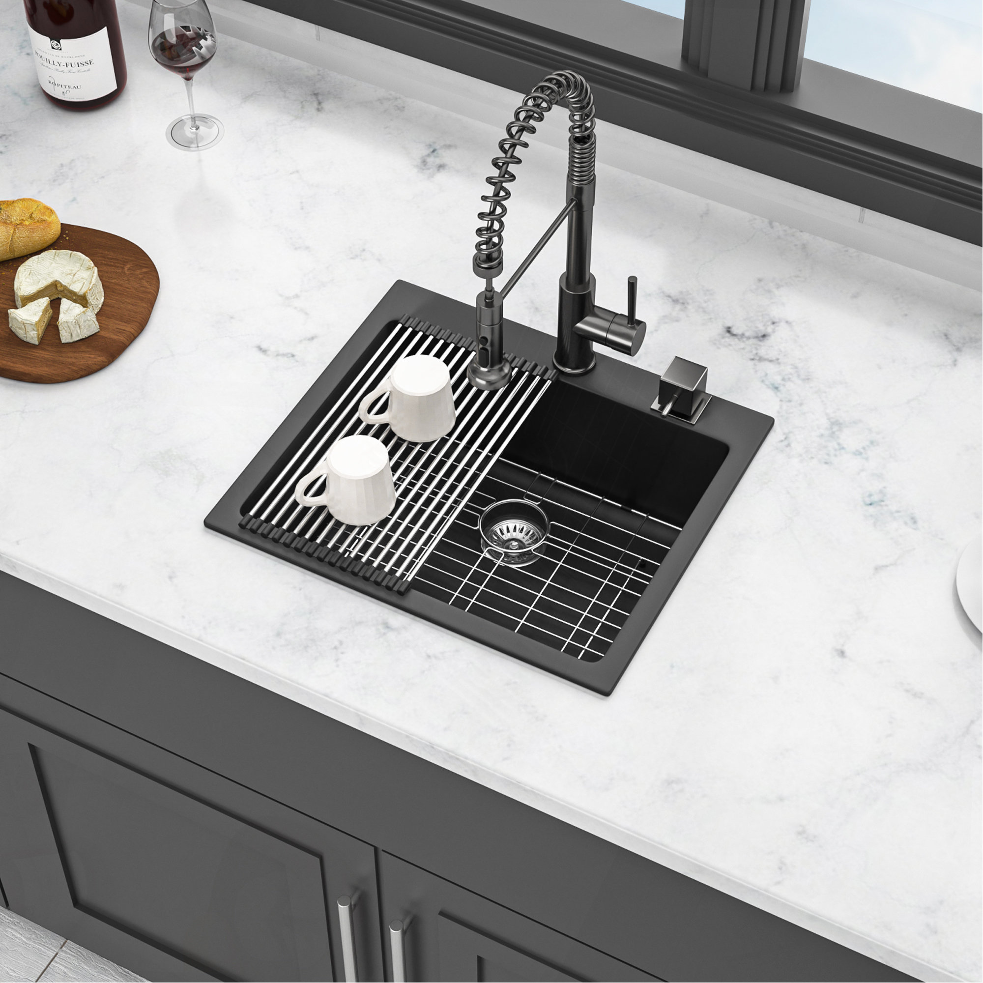 Alxfarton Quartz Kitchen Sink - 25X22" Black Granite Composite Drop In ...