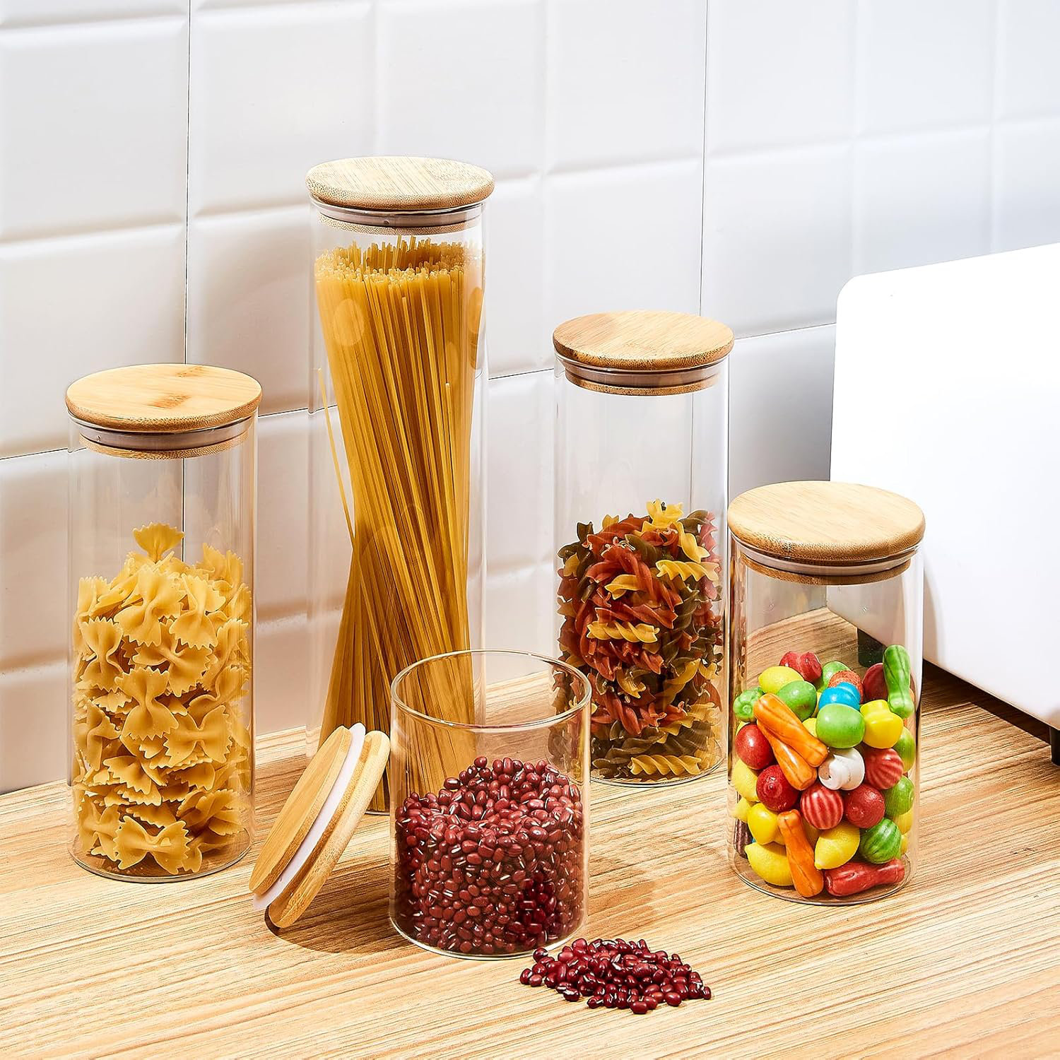 Gracie Oaks 73Oz Glass Pasta Storage Jars, Tall Glass Jars With Bamboo ...